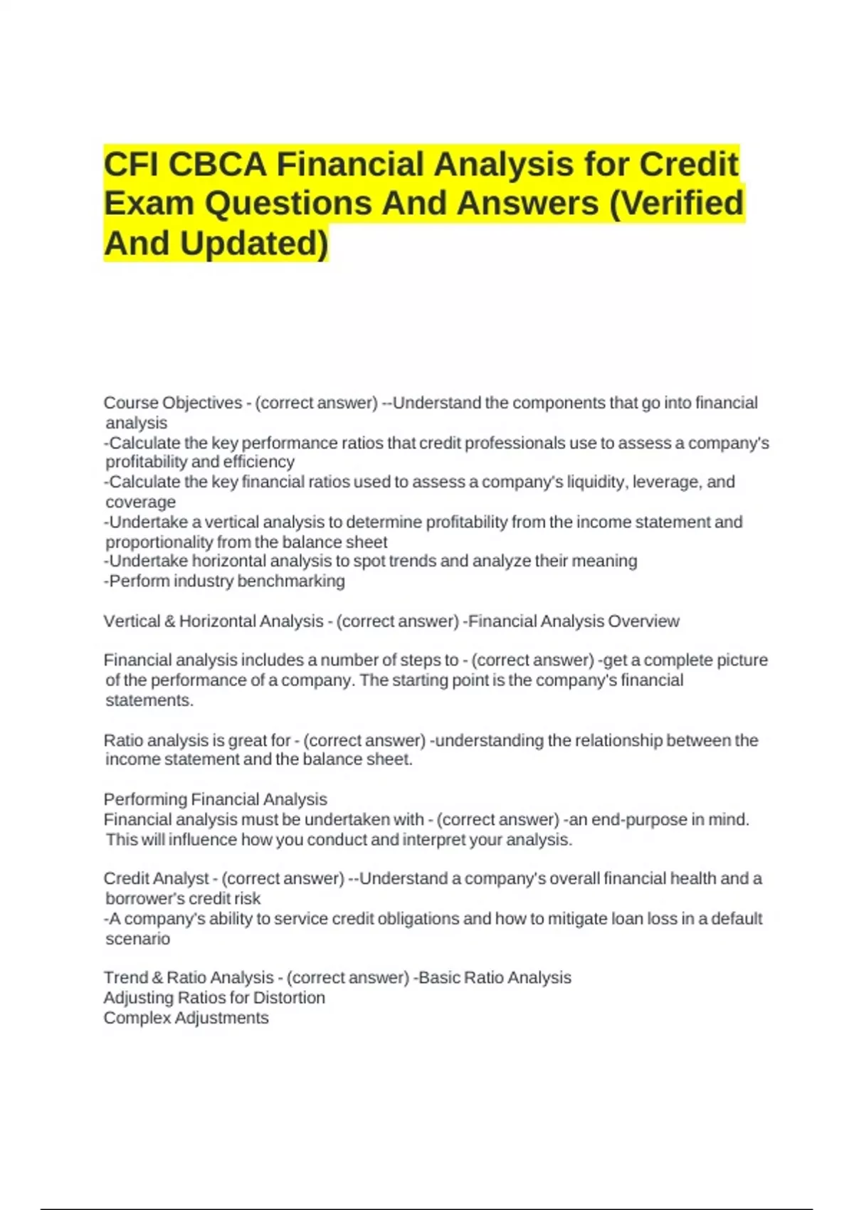 CFI CBCA Financial Analysis for Credit Exam Questions And Answers ...