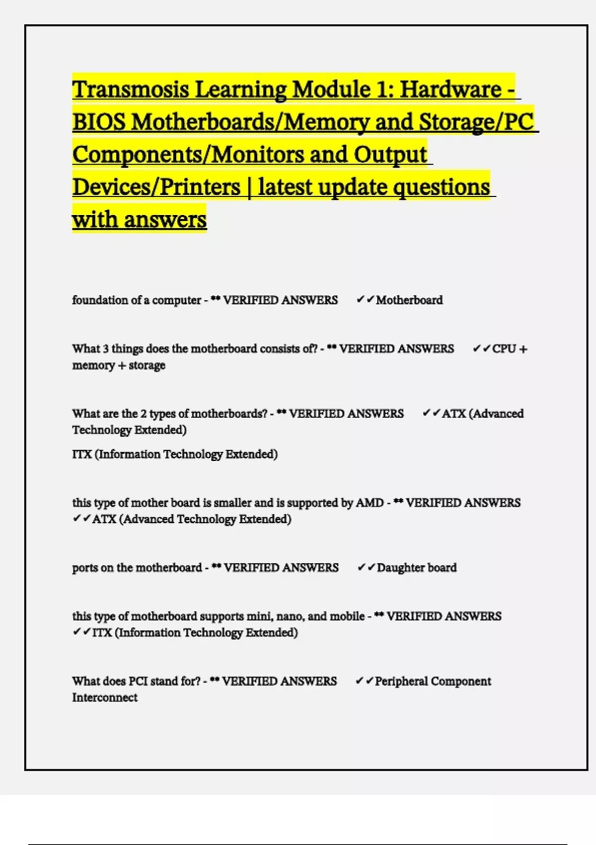 Transmosis Learning Module 1: Hardware - BIOS Motherboards/Memory and Storage/PC Components ...