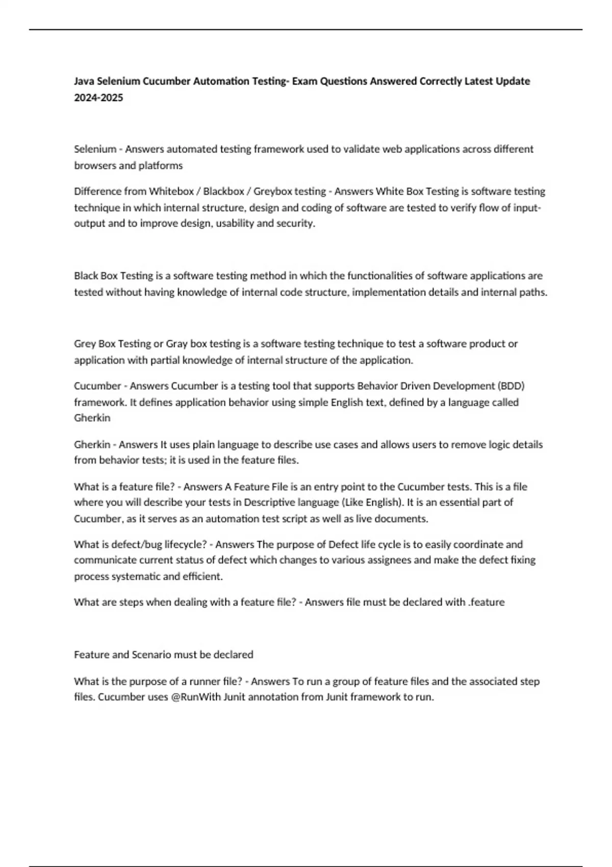 Java Selenium Cucumber Automation Testing Exam Questions Answered Correctly Latest Update