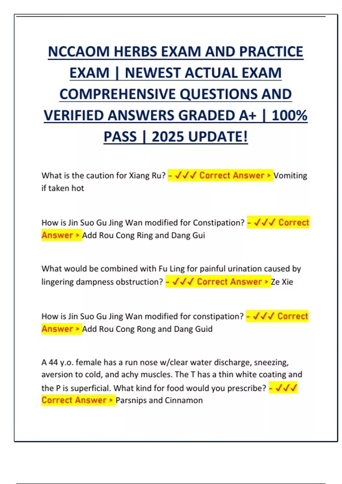 NCCAOM HERBS EXAM AND PRACTICE EXAM | NEWEST ACTUAL EXAM COMPREHENSIVE ...