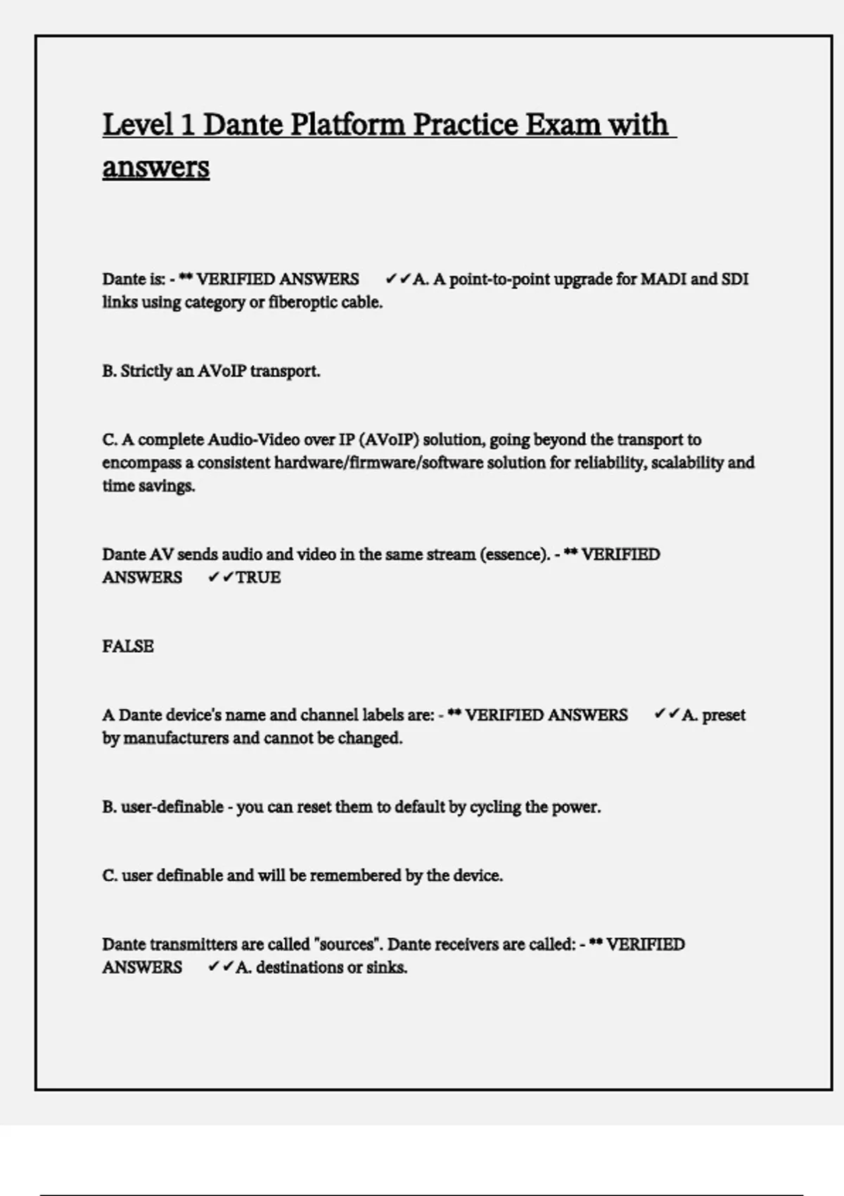 Level 1 Dante Platform Practice Exam with answers - Audinate Dante ...