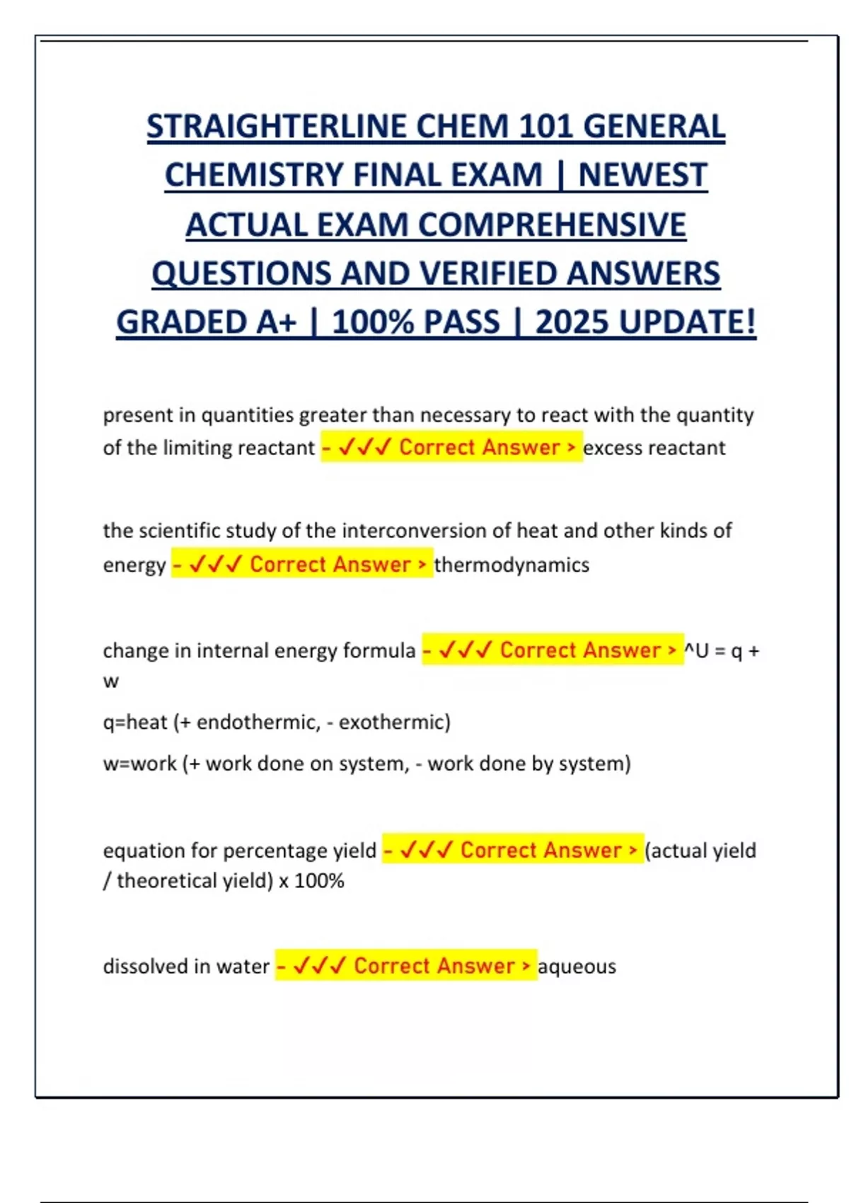 STRAIGHTERLINE CHEM 101 GENERAL CHEMISTRY FINAL EXAM | NEWEST ACTUAL ...