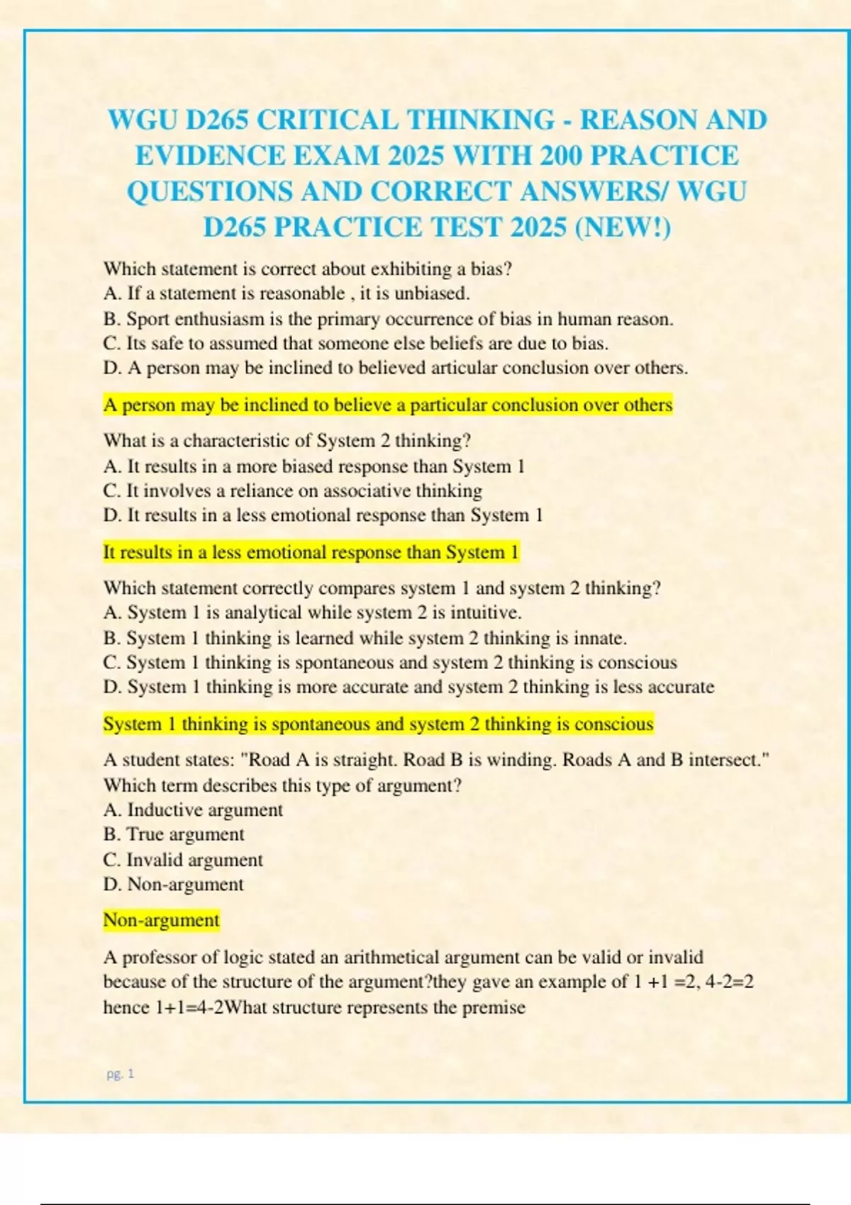 WGU D265 CRITICAL THINKING - REASON AND EVIDENCE EXAM 2025 WITH 200 ...