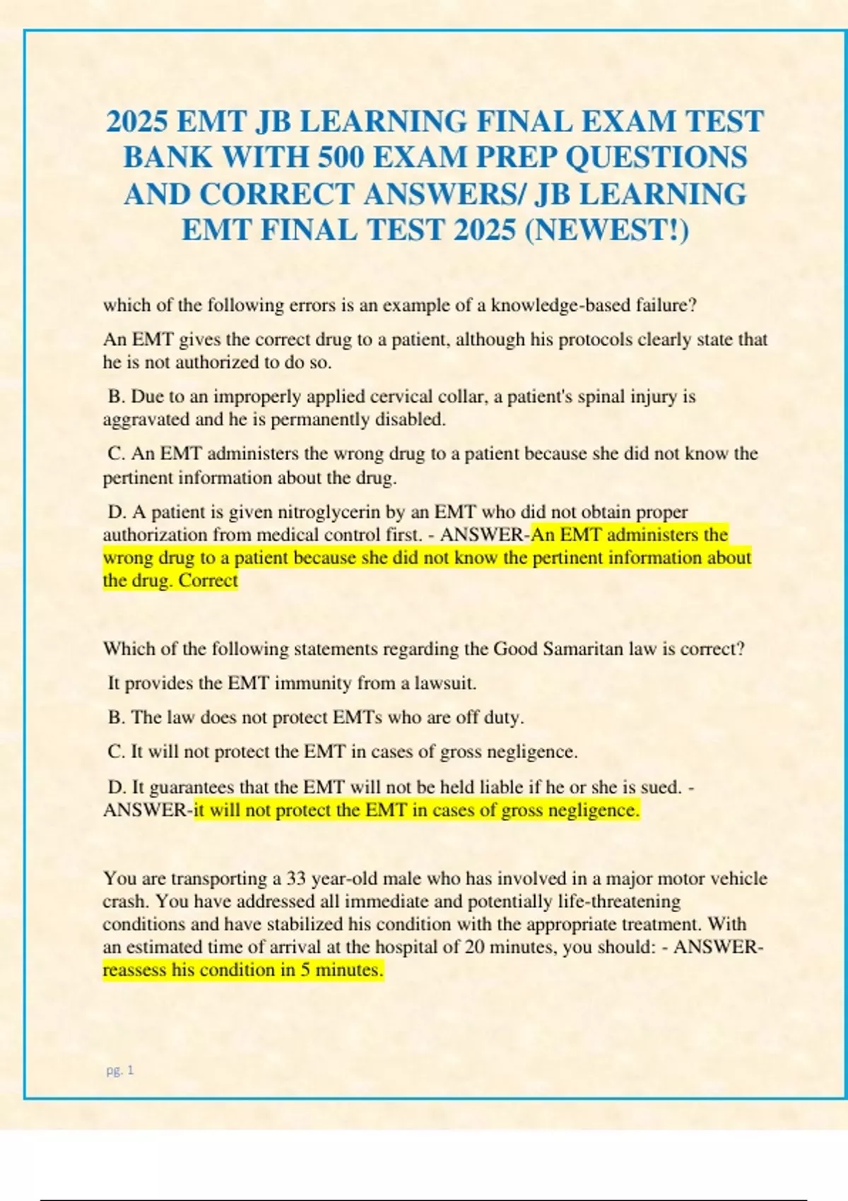 2025 EMT JB LEARNING FINAL EXAM TEST BANK WITH 500 EXAM PREP QUESTIONS ...
