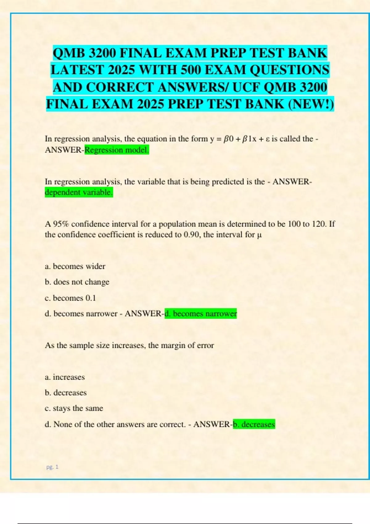 QMB 3200 FINAL EXAM PREP TEST BANK LATEST 2025 WITH 500 EXAM QUESTIONS ...