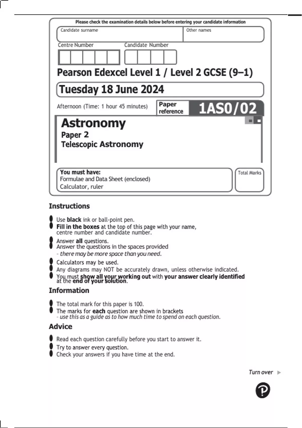 2024 Pearson Edexcel GCSE Astronomy (1AS0) Paper 2: Telescopic ...