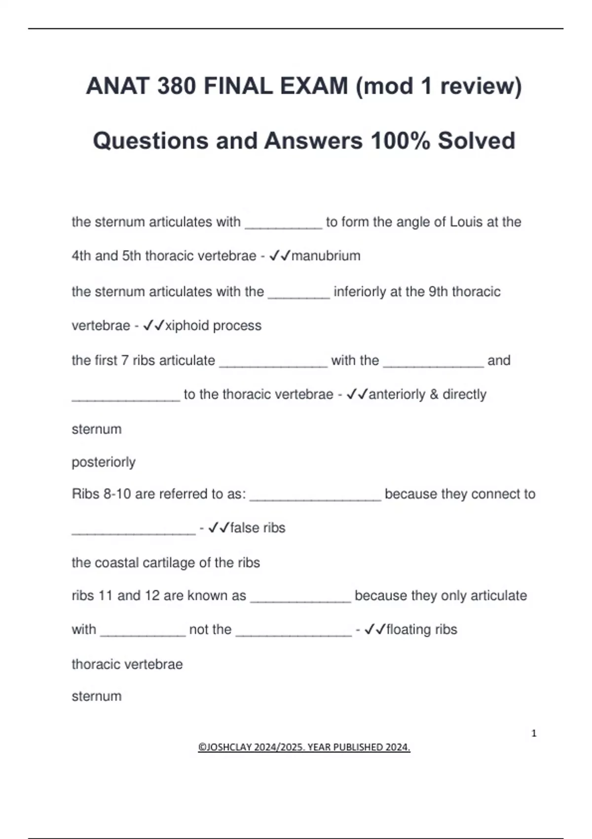 ANAT 380 FINAL EXAM (mod 1 review) Questions and Answers 100% Solved - Anatomy - Stuvia US