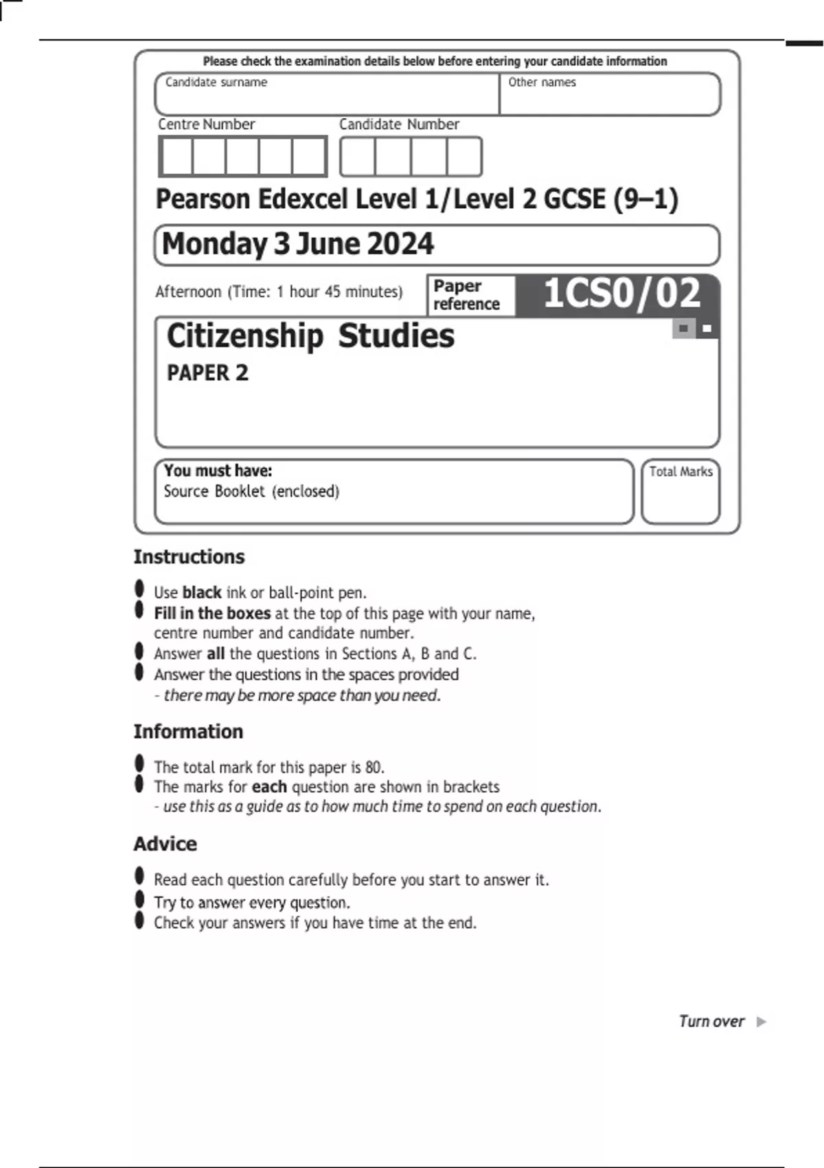 2024 Pearson Edexcel GCSE Citizenship 1CS0/02 Paper 2 QUESTION PAPER ...