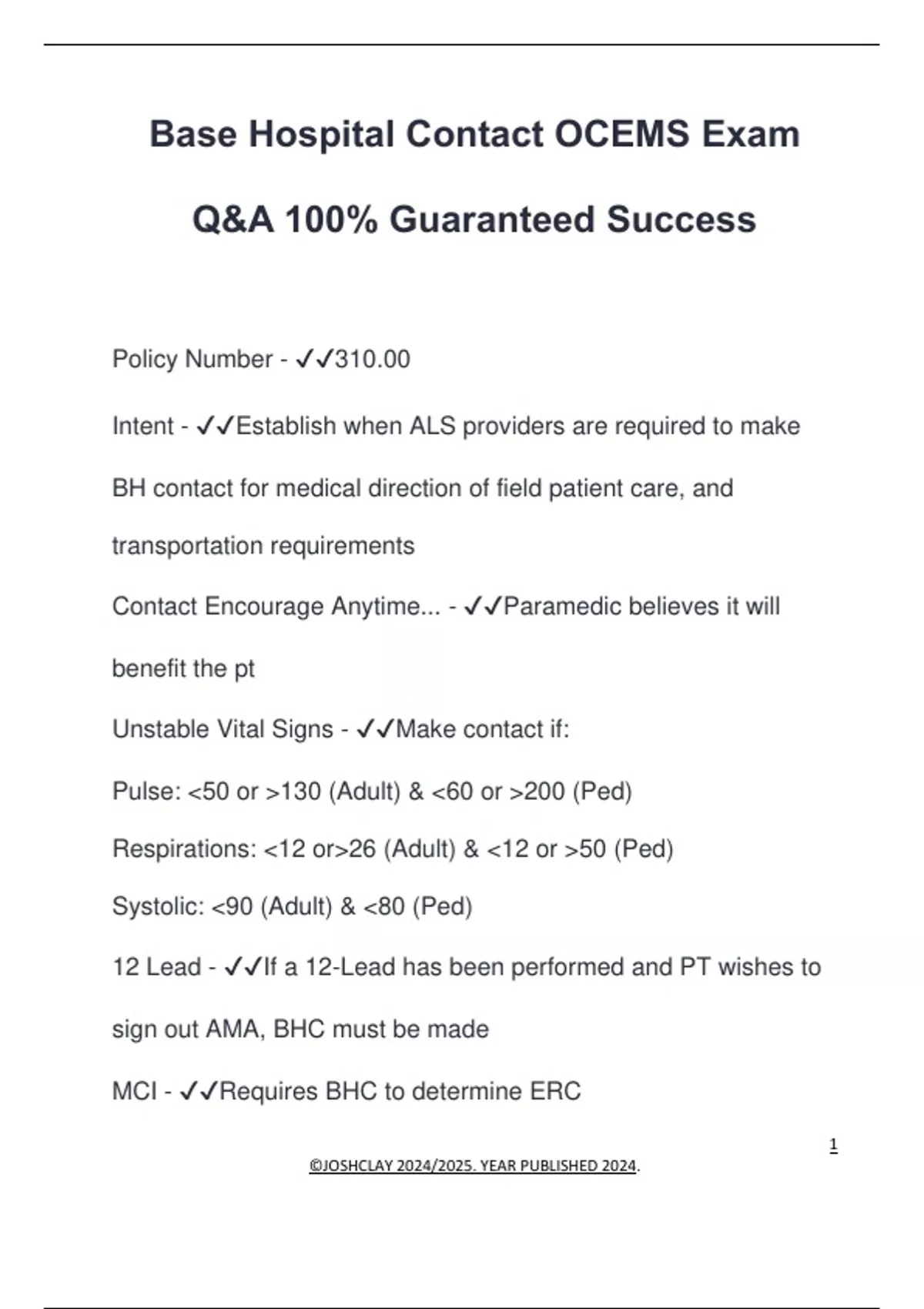 OCEMS EXAM PACKAGE DEAL QUESTIONS AND VERIFIED ANSWERS 100% GUARANTEED ...