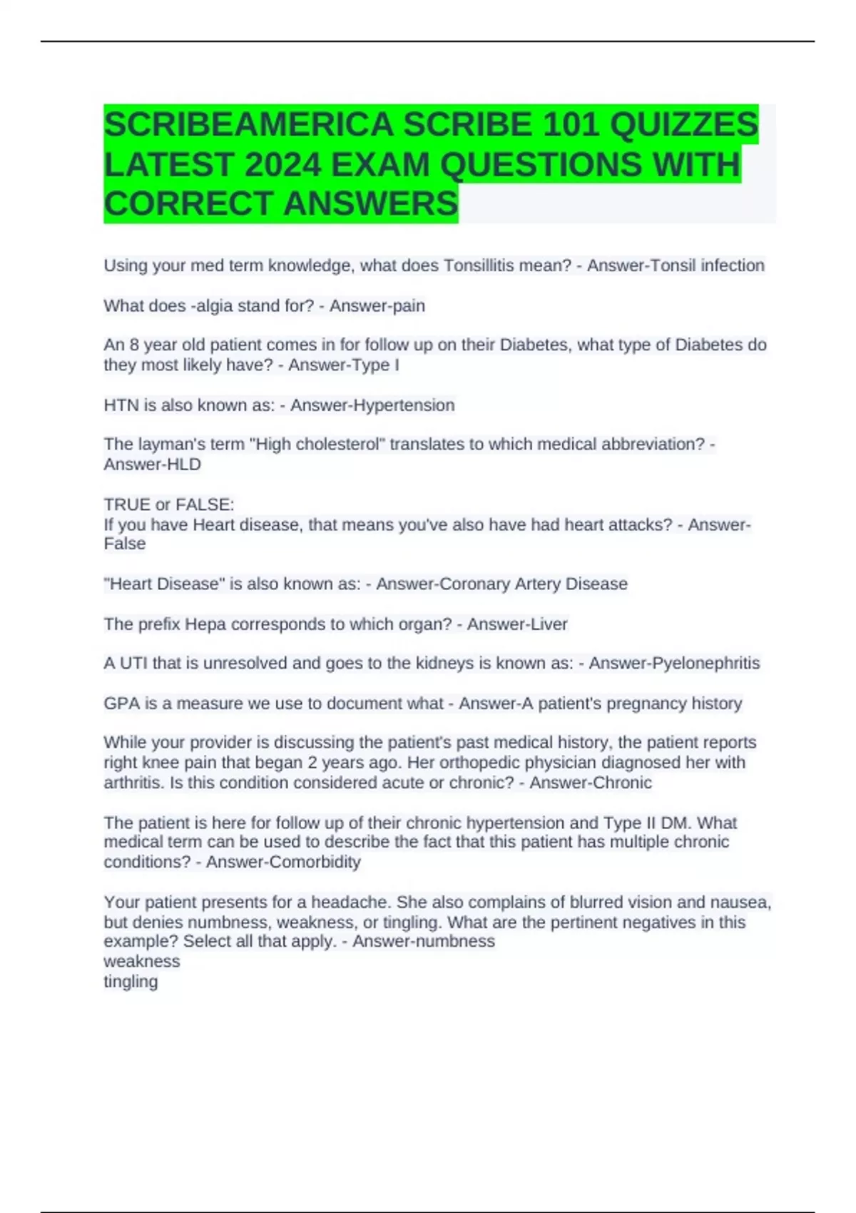 SCRIBEAMERICA SCRIBE 101 QUIZZES LATEST 2025 EXAM QUESTIONS WITH ...