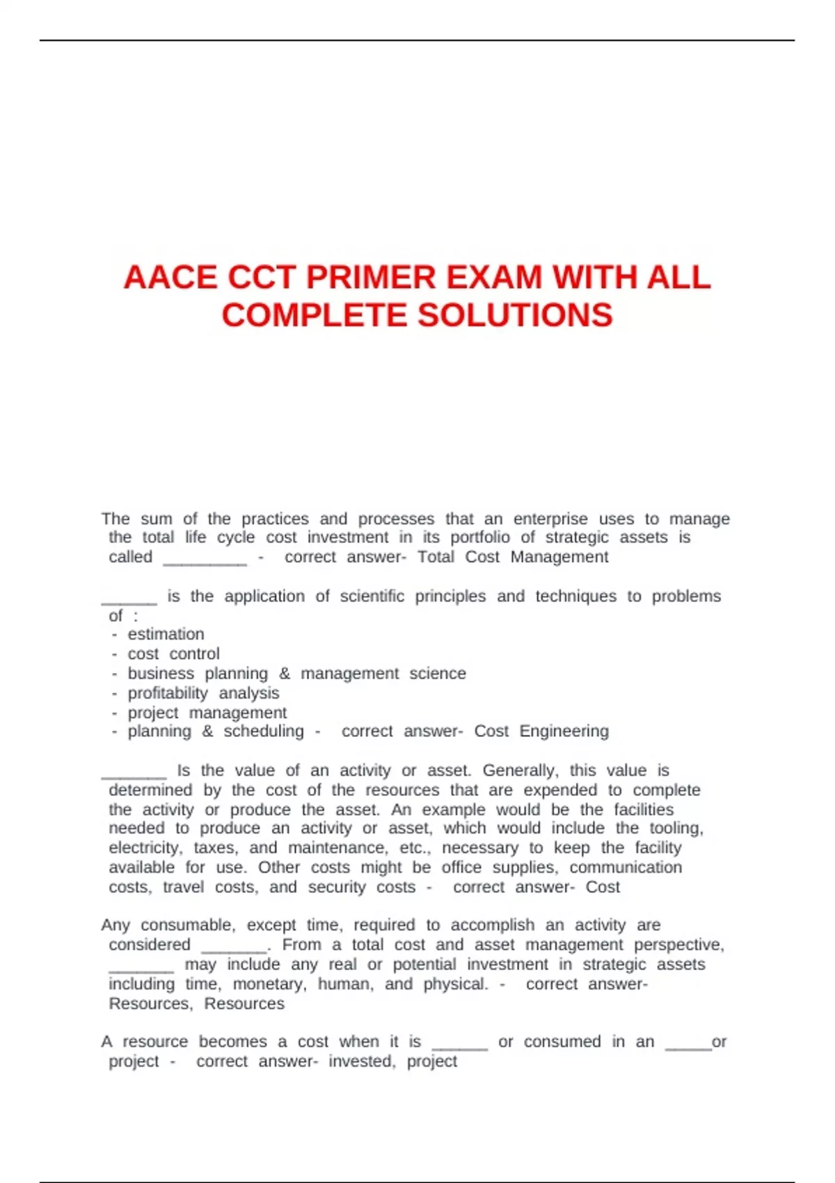 AACE CCT PRIMER EXAM WITH ALL COMPLETE SOLUTIONS - AACT CCT - Stuvia US