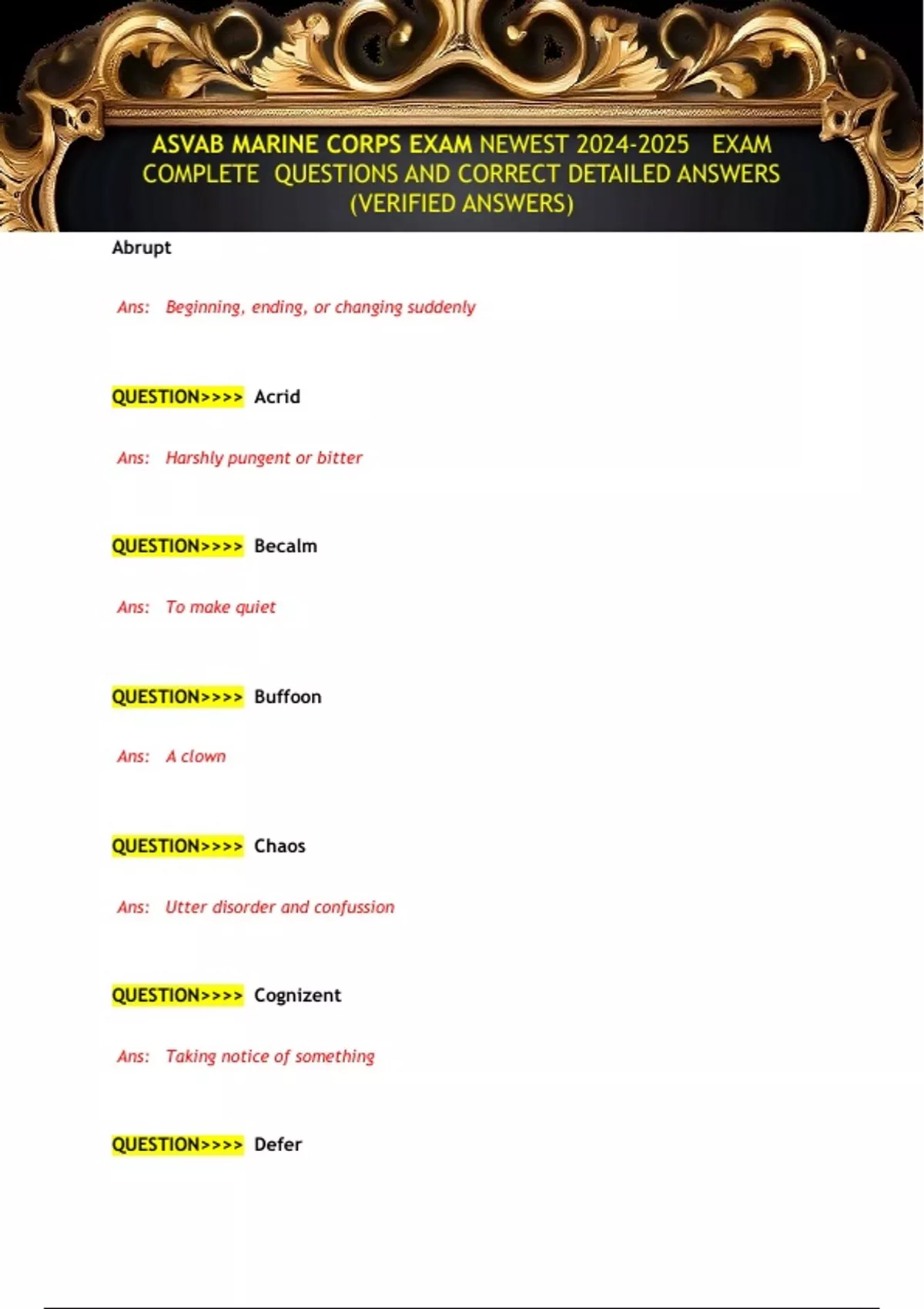 ASVAB MARINE CORPS EXAM NEWEST EXAM COMPLETE QUESTIONS AND CORRECT ...