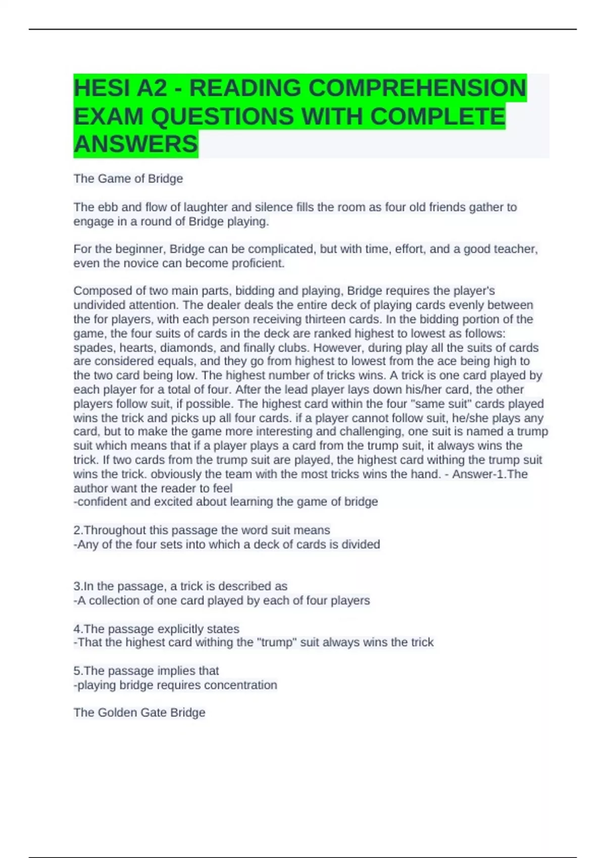 HESI A2 - READING COMPREHENSION EXAM QUESTIONS WITH COMPLETE ANSWERS ...