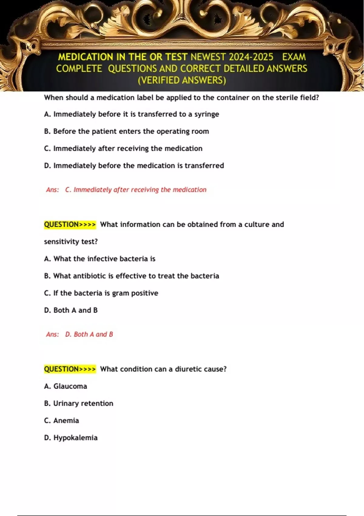 MEDICATION IN THE OR TEST NEWEST EXAM COMPLETE QUESTIONS AND CORRECT ...