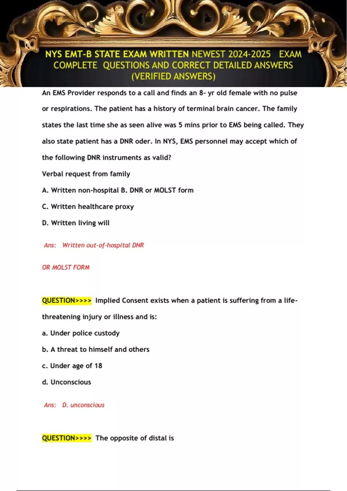 NYS EMT-B STATE EXAM WRITTEN NEWEST EXAM COMPLETE QUESTIONS AND CORRECT ...