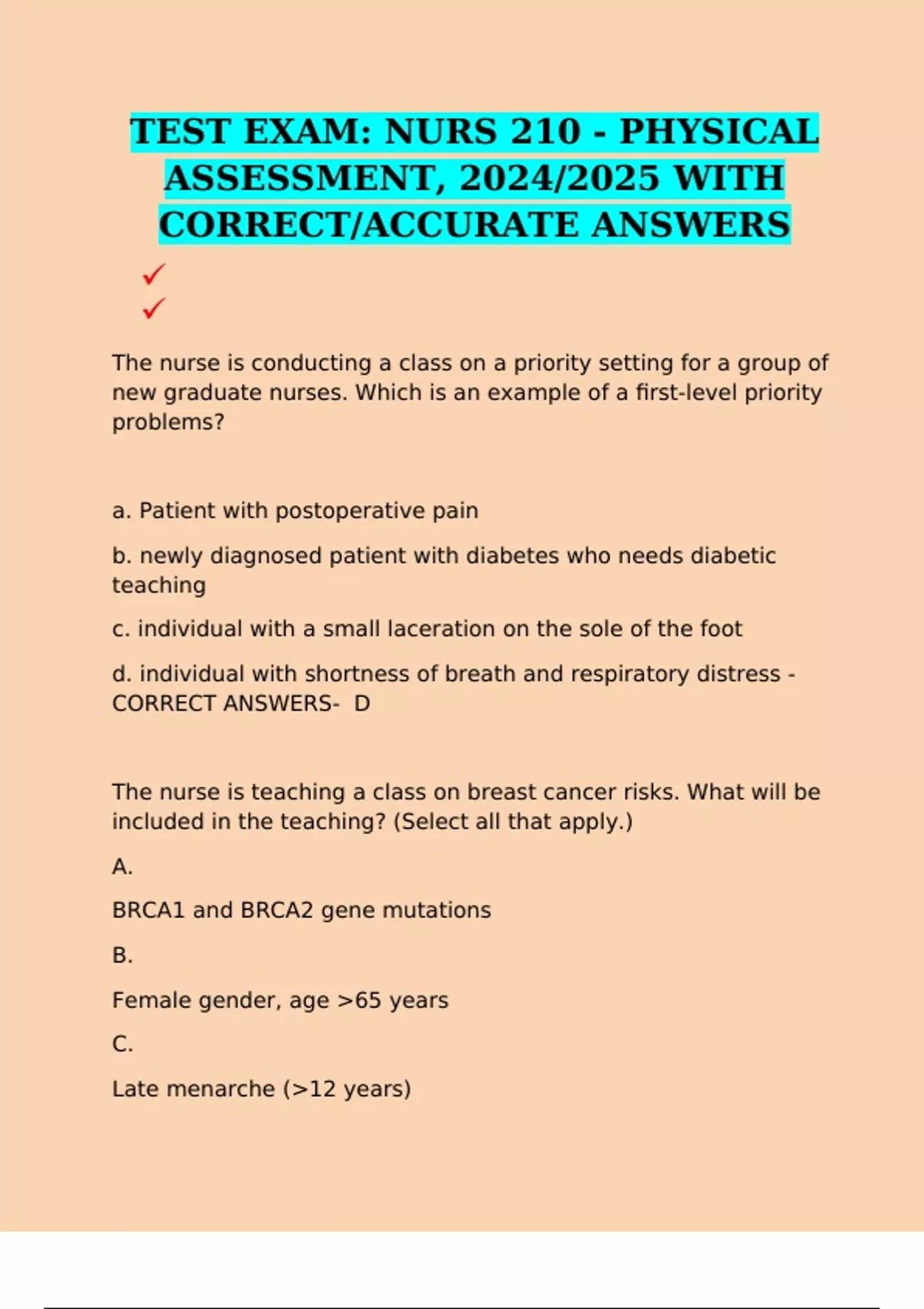 TEST EXAM: NURS 210 - PHYSICAL ASSESSMENT, 2024/2025 WITH CORRECT ...