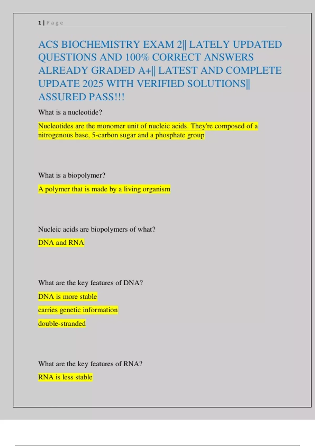 ACS BIOCHEMISTRY PRACTICE EXAM|| ACS BIOCHEMISTRY EXAM 2|| LATELY ...
