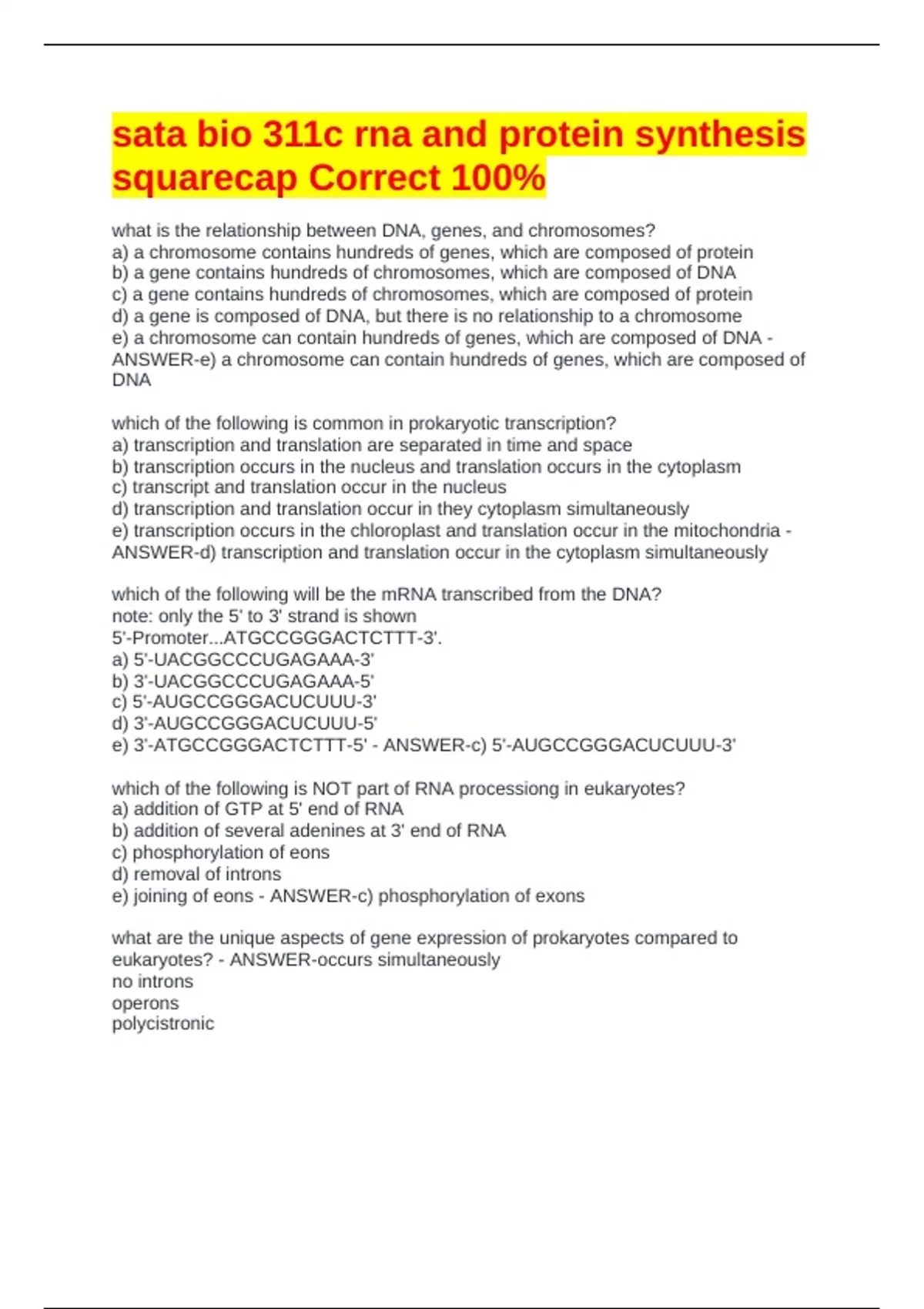 sata bio 311c rna and protein synthesis squarecap Correct 100% - Bio ...