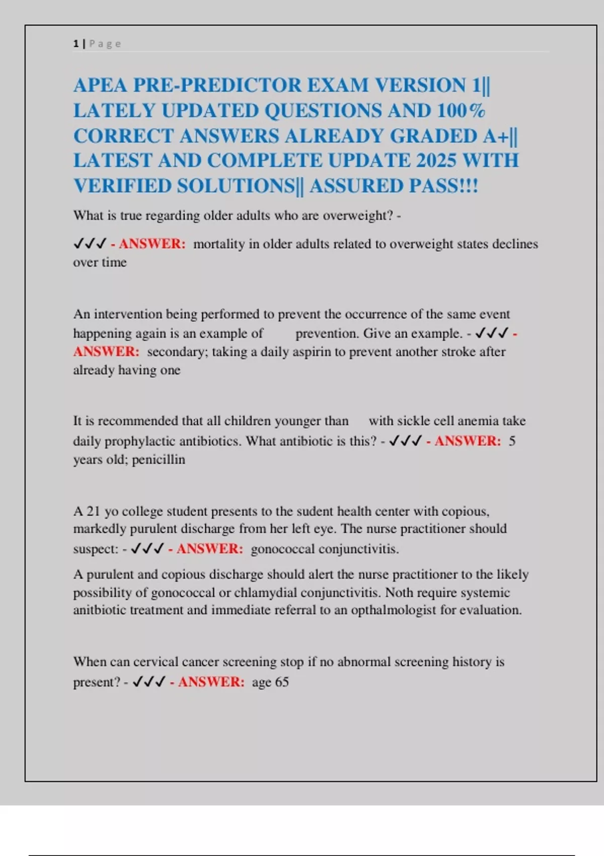 APEA PRE-PREDICTOR EXAM VERSION 1|| LATELY UPDATED QUESTIONS AND 100% CORRECT ANSWERS ALREADY ...