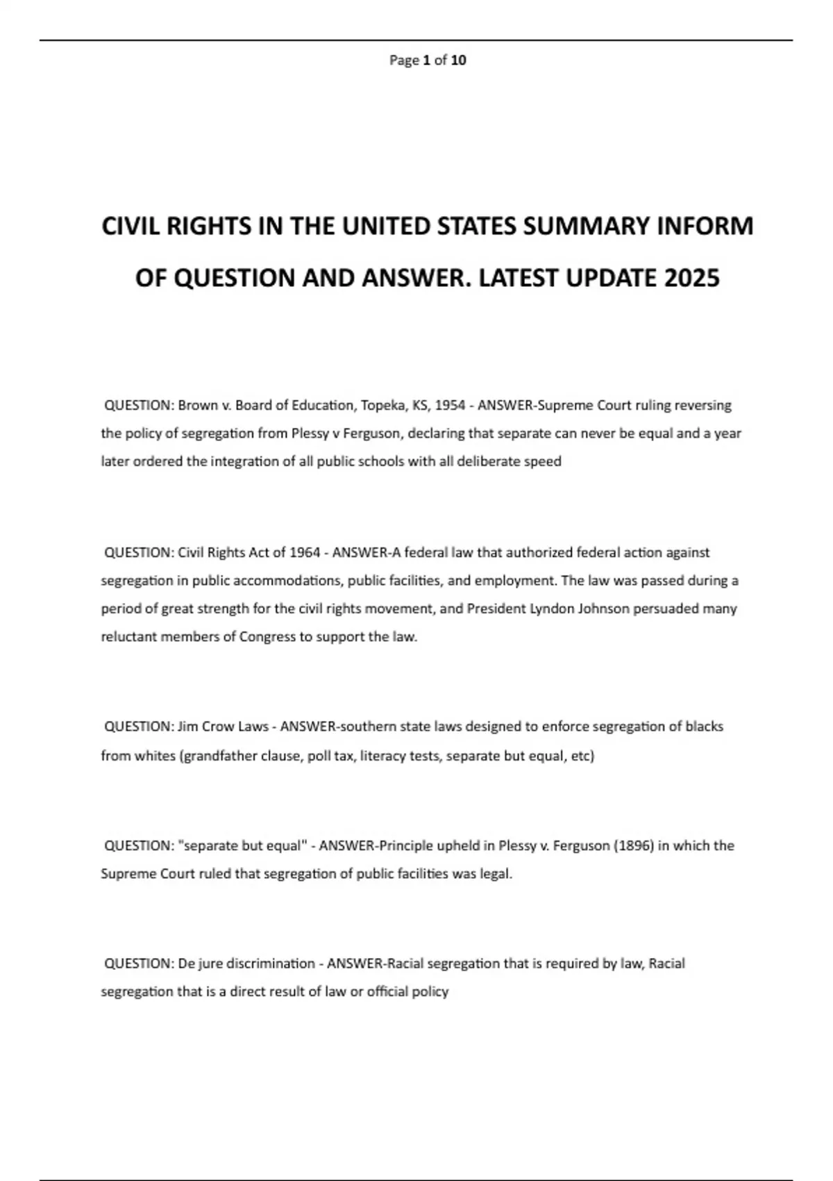 CIVIL RIGHTS IN THE UNITED STATES SUMMARY INFORM OF QUESTION AND ANSWER ...
