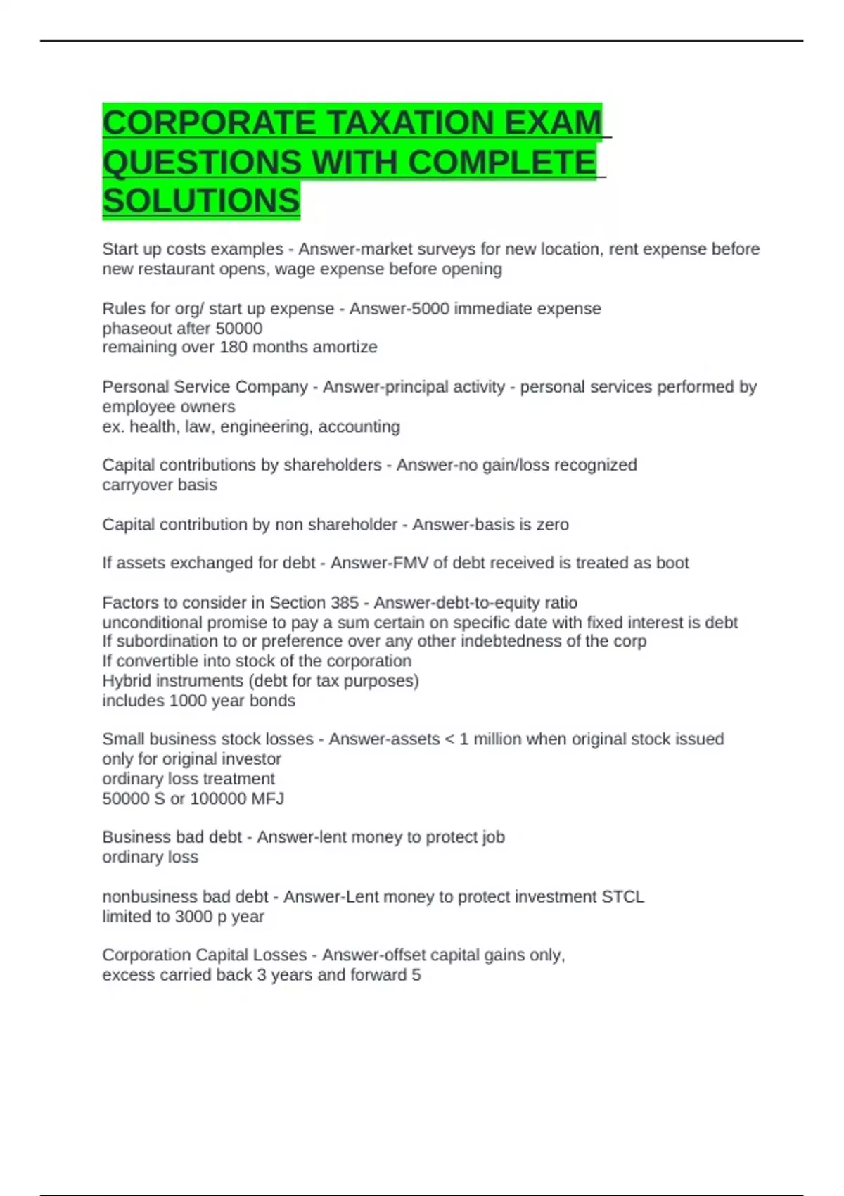 CORPORATE TAXATION EXAM QUESTIONS WITH COMPLETE SOLUTIONS - CORPORATE ...