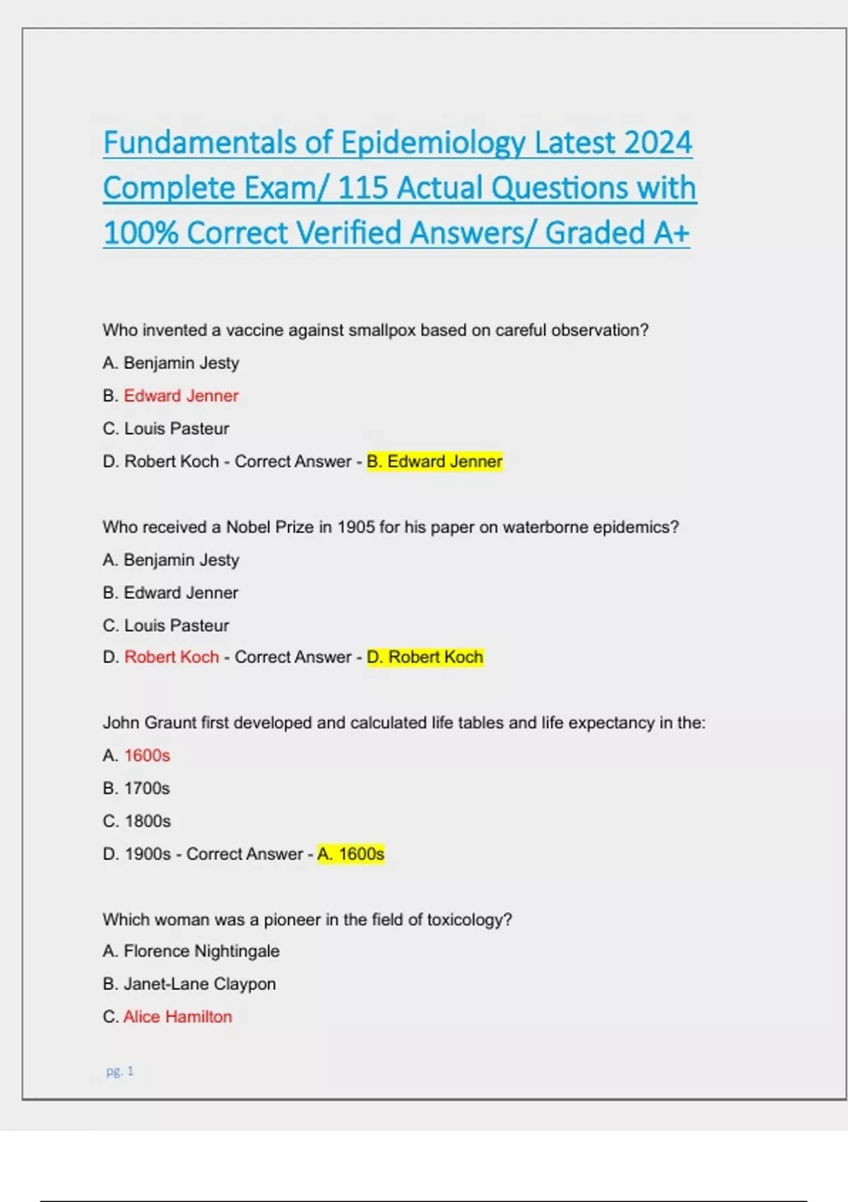 Fundamentals of Epidemiology Latest 2024 Complete Exam/ 115 Actual ...