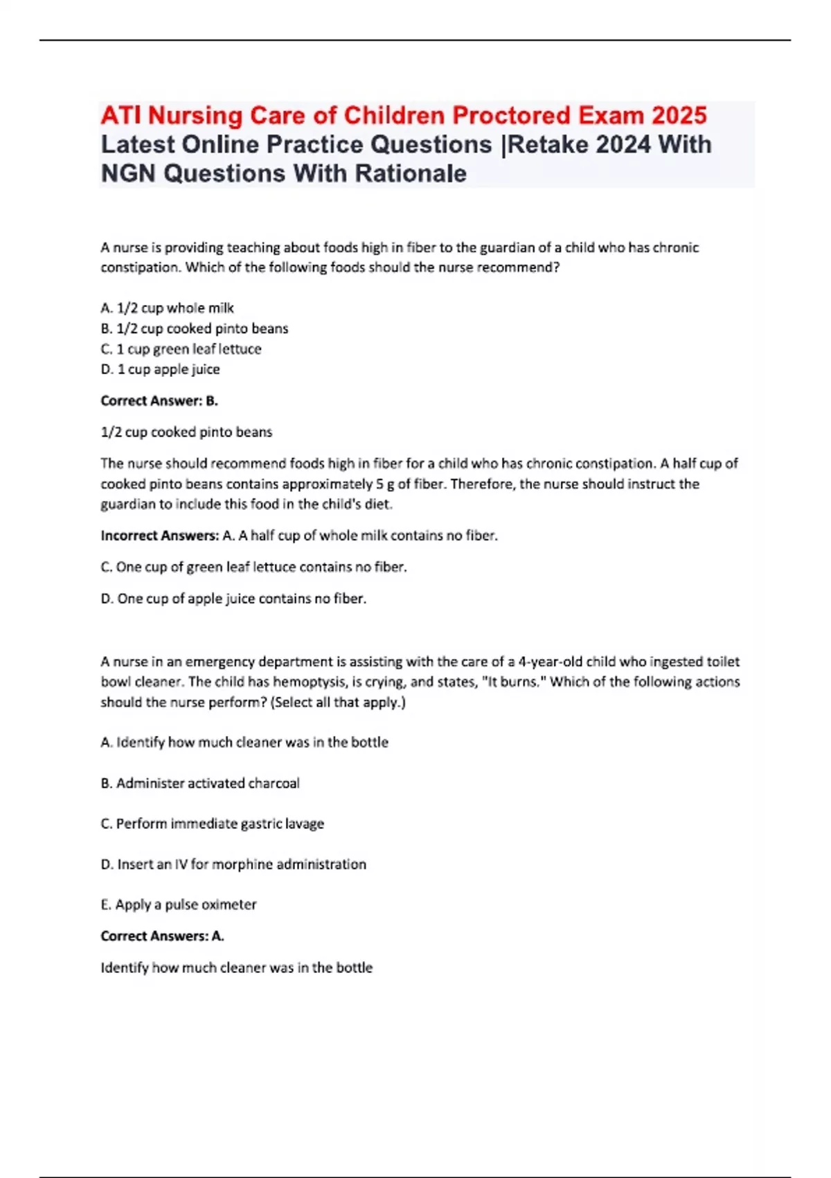 ATI Nursing Care of Children Proctored Exam 2025 Latest Online Practice ...