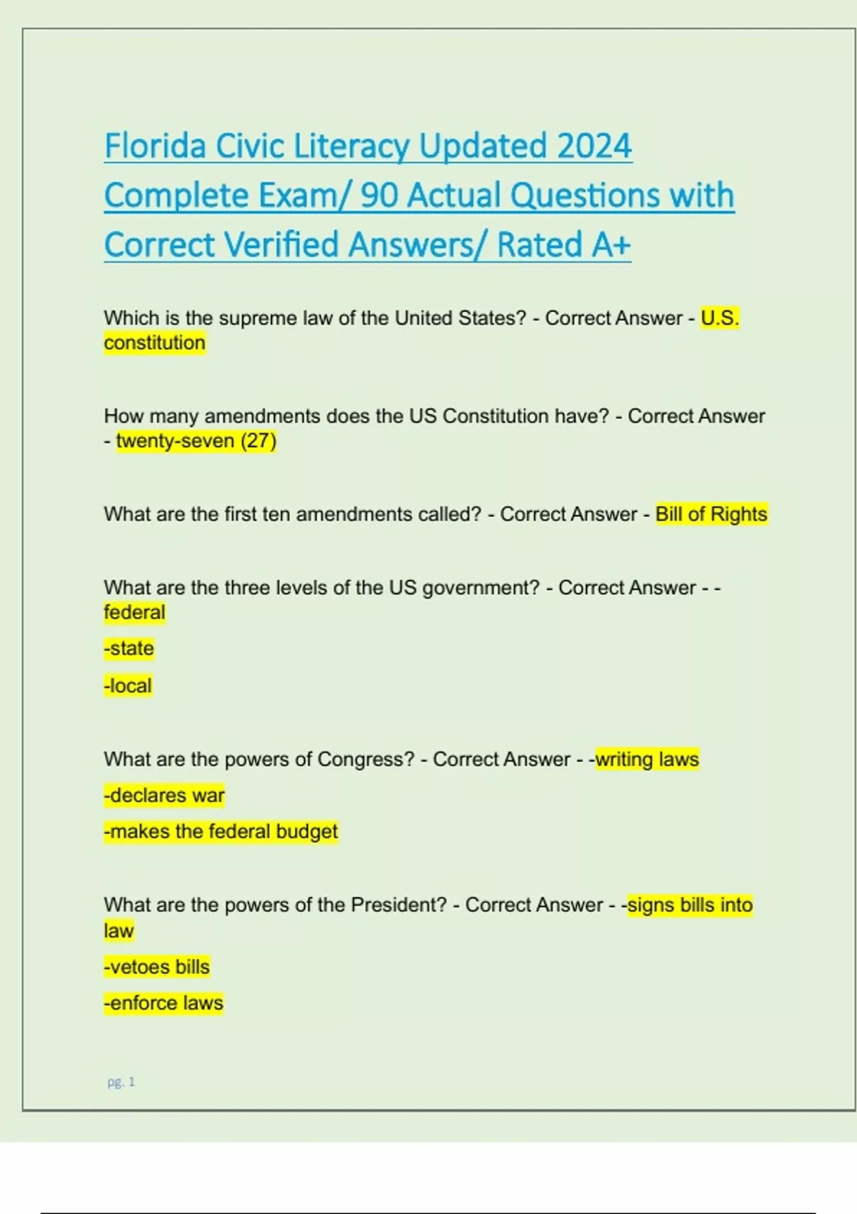 Florida Civic Literacy Updated 2024 Complete Exam/ 90 Actual Questions ...