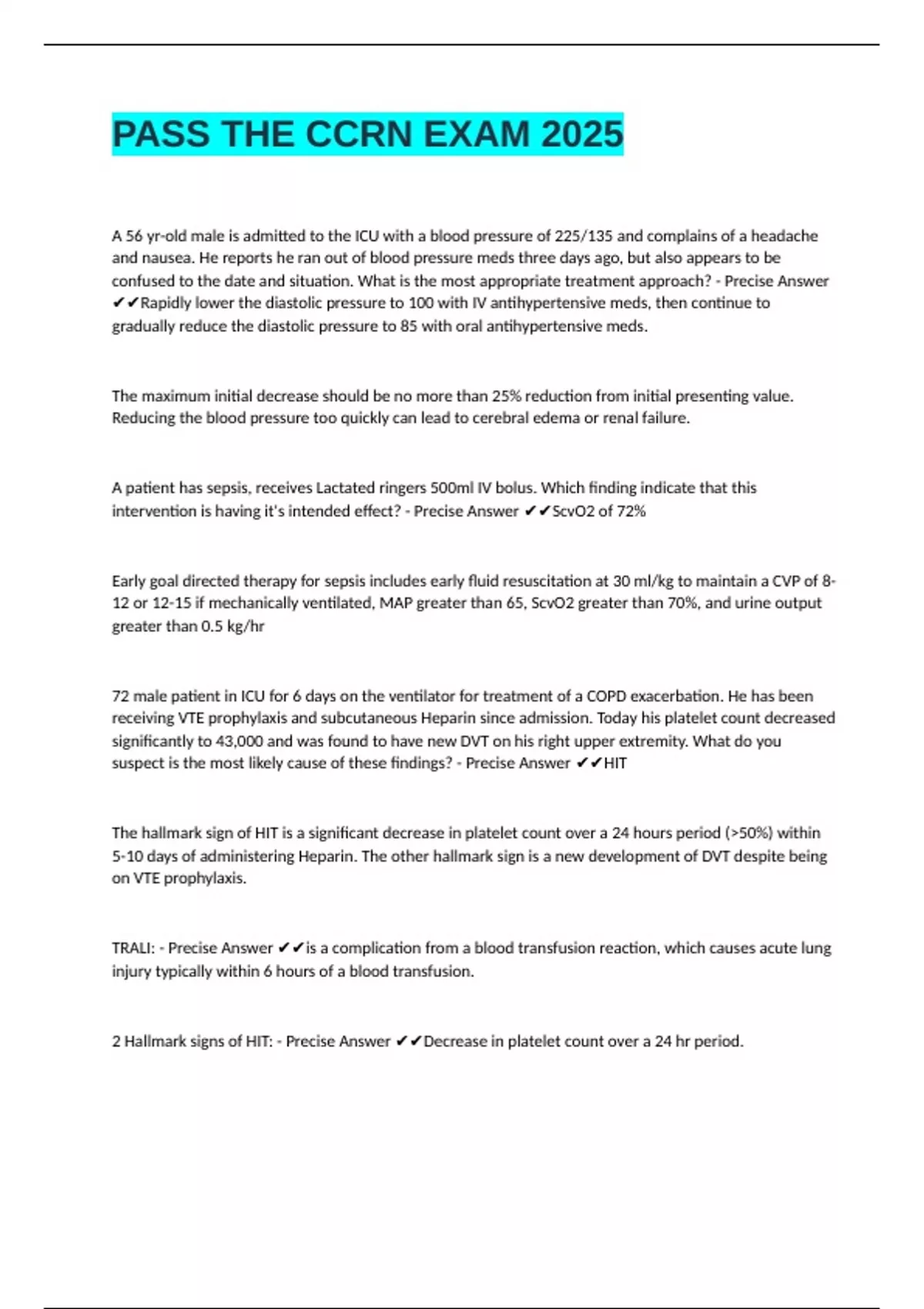 PASS THE CCRN EXAM 2025 - CCRN - Stuvia US