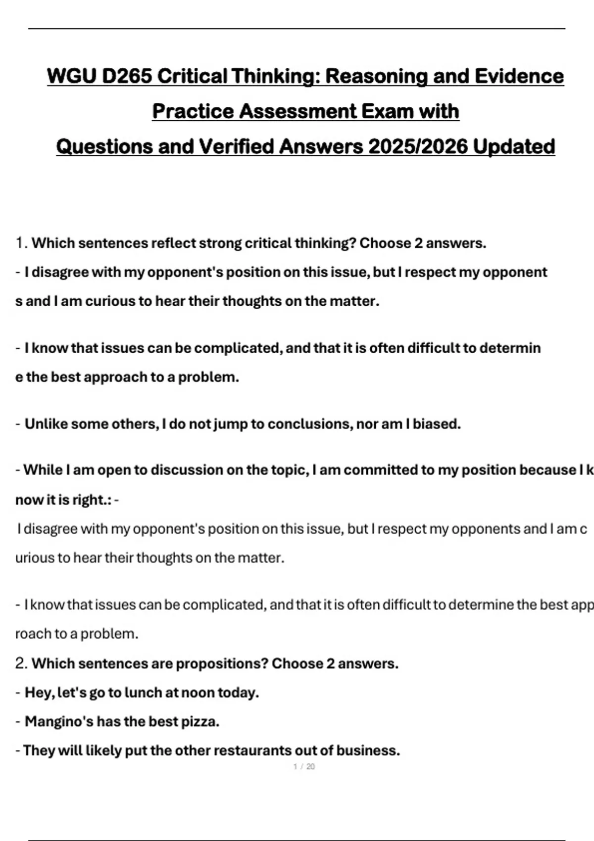 WGU D265 Critical Thinking: Reasoning and Evidence Practice Assessment ...