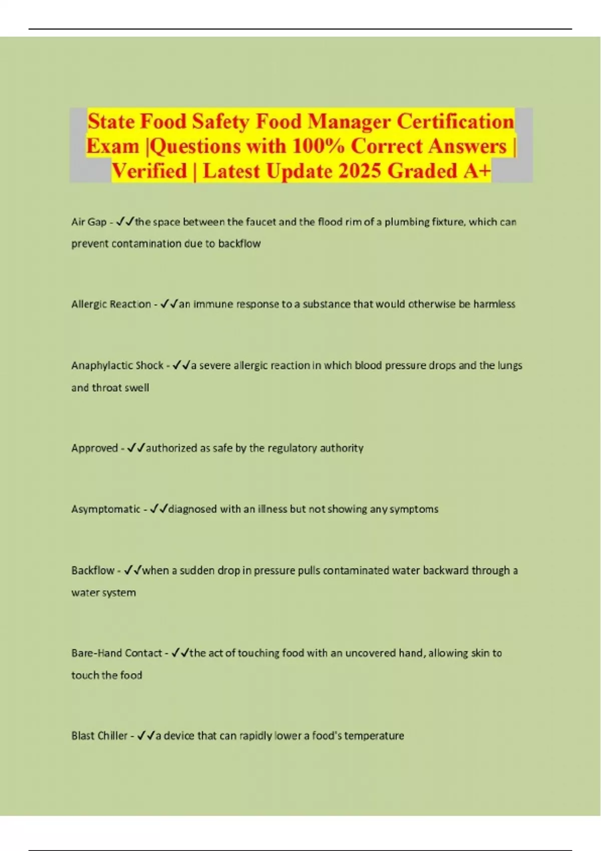 State Food Safety Food Manager Certification Exam |Questions with 100% ...