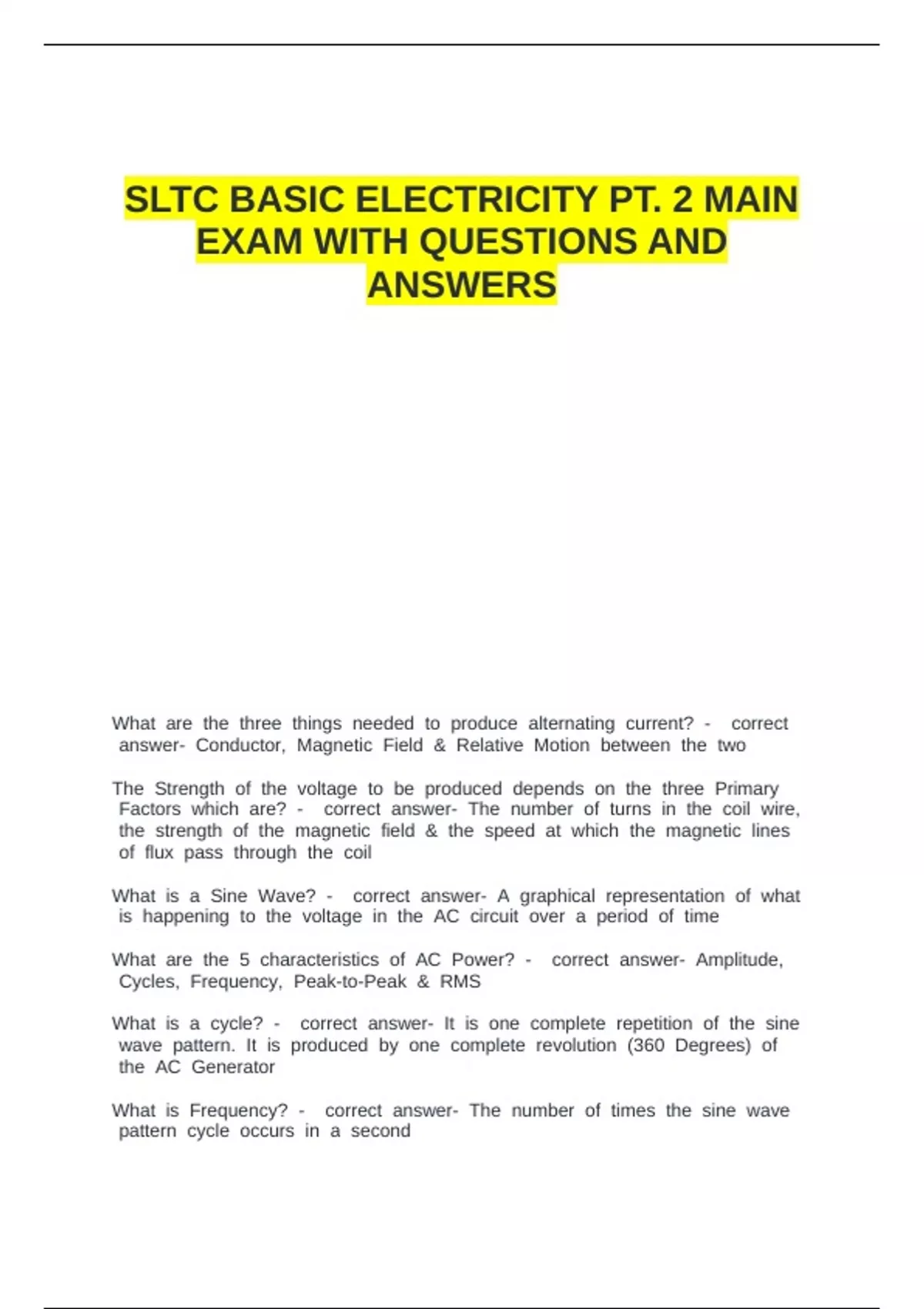 SLTC BASIC ELECTRICITY PT. 2 MAIN EXAM WITH QUESTIONS AND ANSWERS - SLTC - Stuvia US