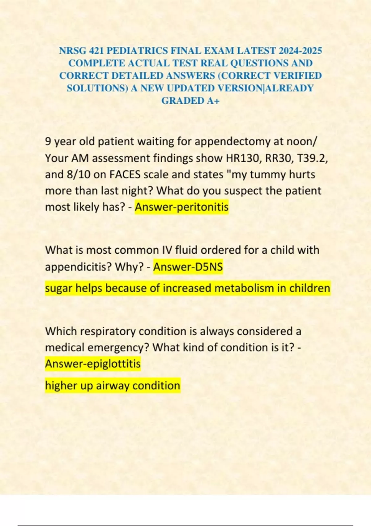 NRSG 421 PEDIATRICS FINAL EXAM LATEST COMPLETE ACTUAL TEST REAL ...