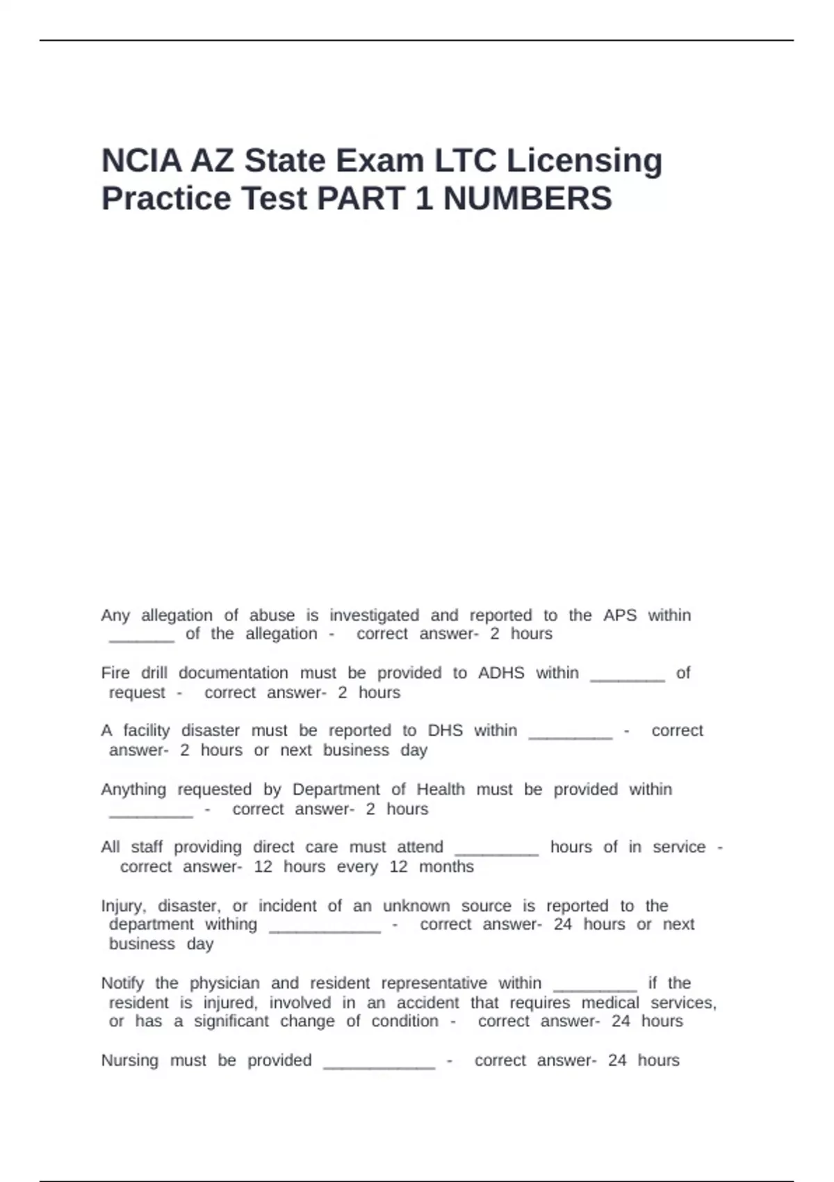 NCIA AZ State Exam LTC Licensing Practice Test PART 1 NUMBERS. - NCIA ...
