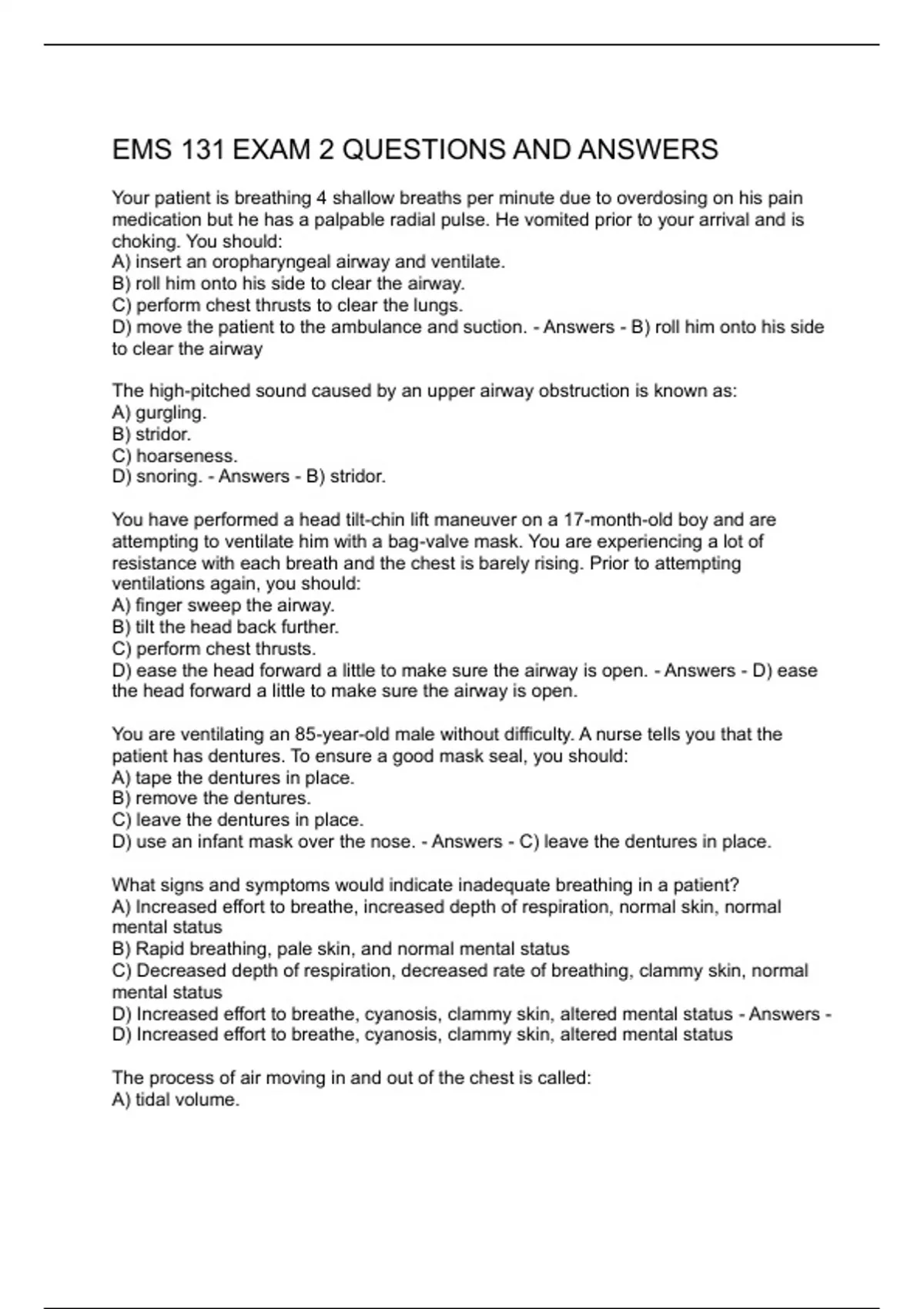 EMS 131 EXAM 2 QUESTIONS AND ANSWERS - EMS 131 - Stuvia US