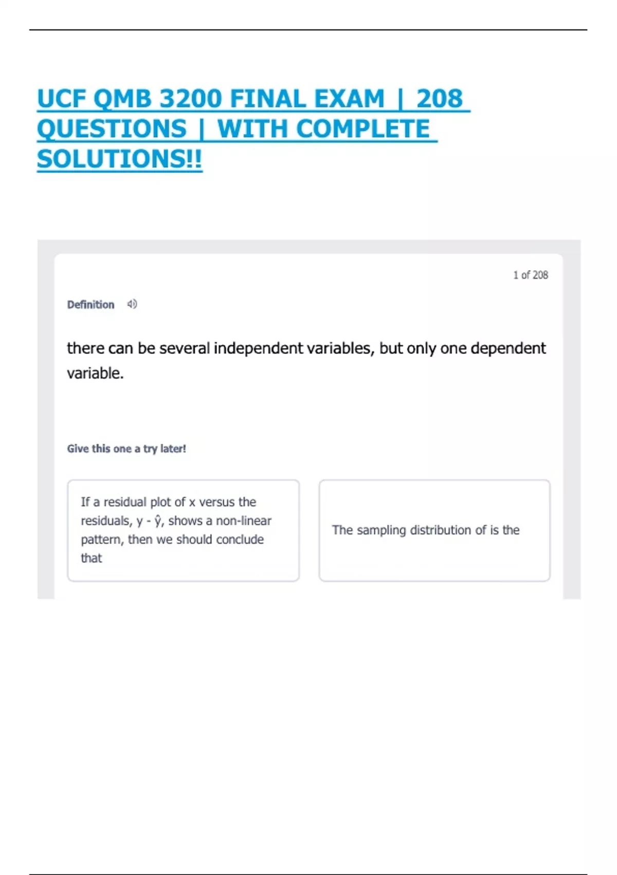 UCF QMB 3200 FINAL EXAM | 208 QUESTIONS | WITH COMPLETE SOLUTIONS ...