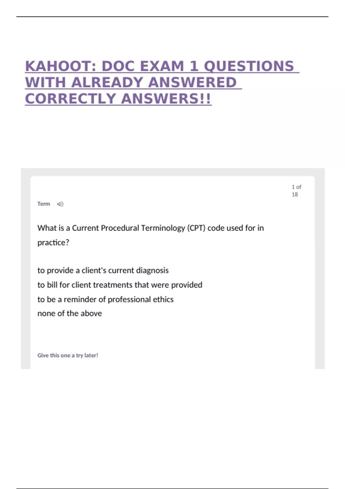 KAHOOT: DOC EXAM 1 QUESTIONS WITH ALREADY ANSWERED CORRECTLY ANSWERS!! - DO-C - Stuvia US