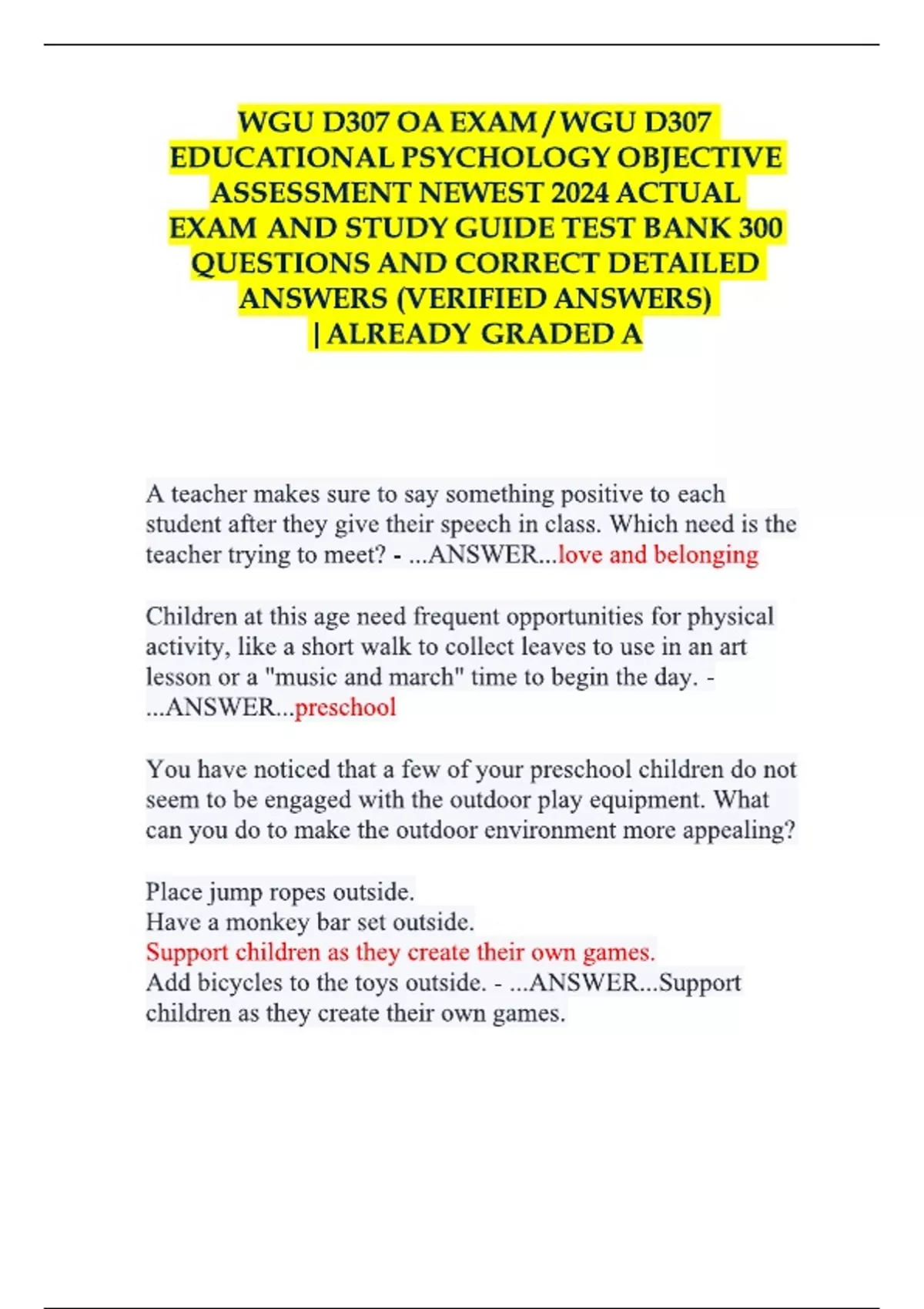 WGU D307 OA EXAM / WGU D307 EDUCATIONAL PSYCHOLOGY OBJECTIVE ASSESSMENT ...