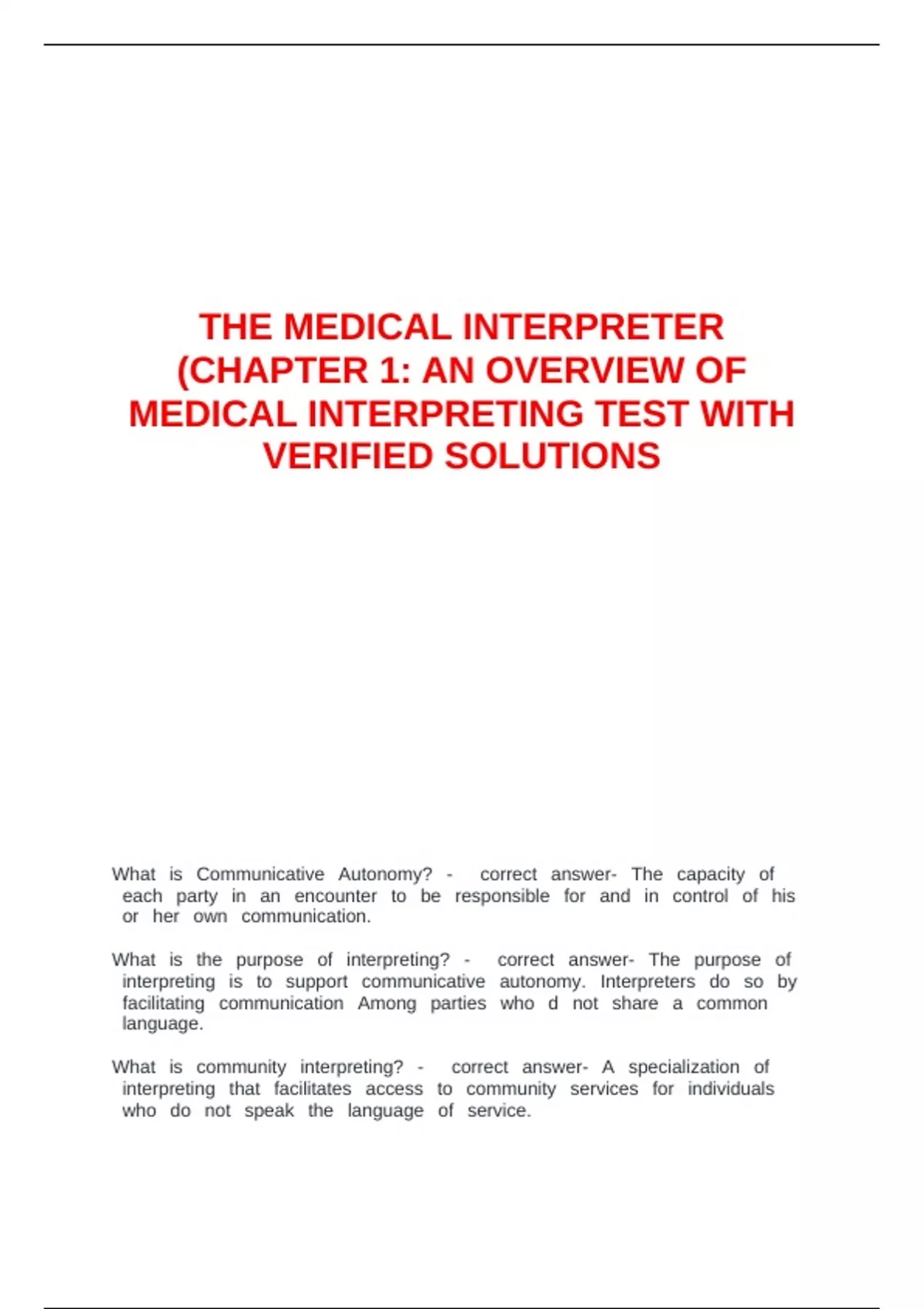 THE MEDICAL INTERPRETER (CHAPTER 1 AN OVERVIEW OF MEDICAL INTERPRETING ...