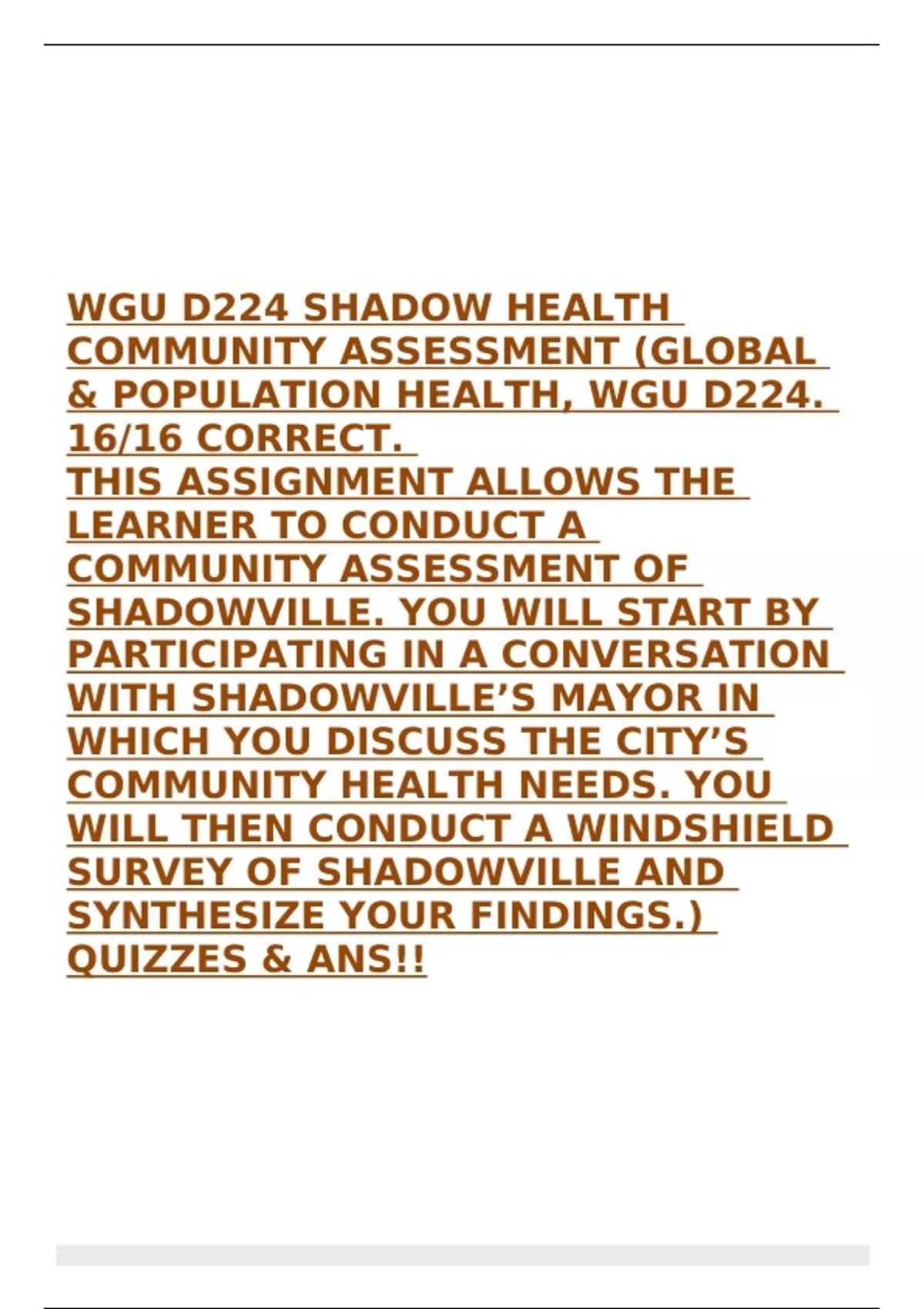 WGU D224 SHADOW HEALTH COMMUNITY ASSESSMENT (GLOBAL & POPULATION HEALTH ...