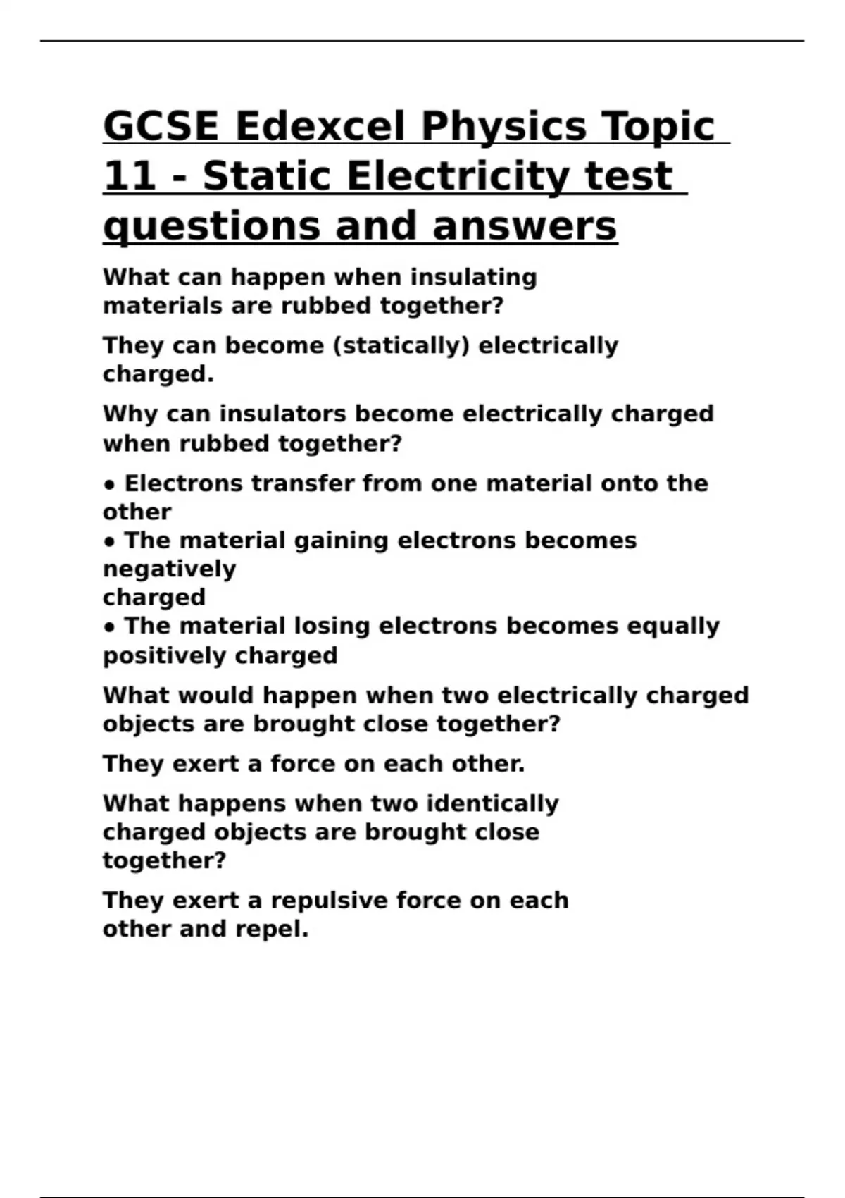 GCSE Edexcel Physics Topic 11 - Static Electricity test questions and ...