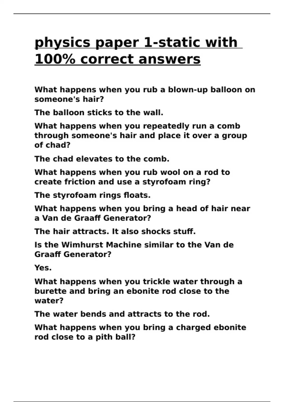 physics paper 1-static with 100- correct answers - Static electricity ...