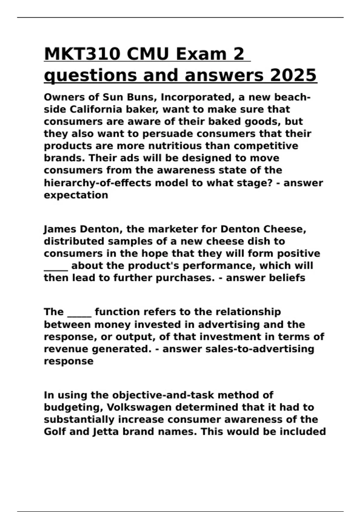 MKT310 CMU Exam 2 questions and answers 2025 - Personal Finance - Stuvia US