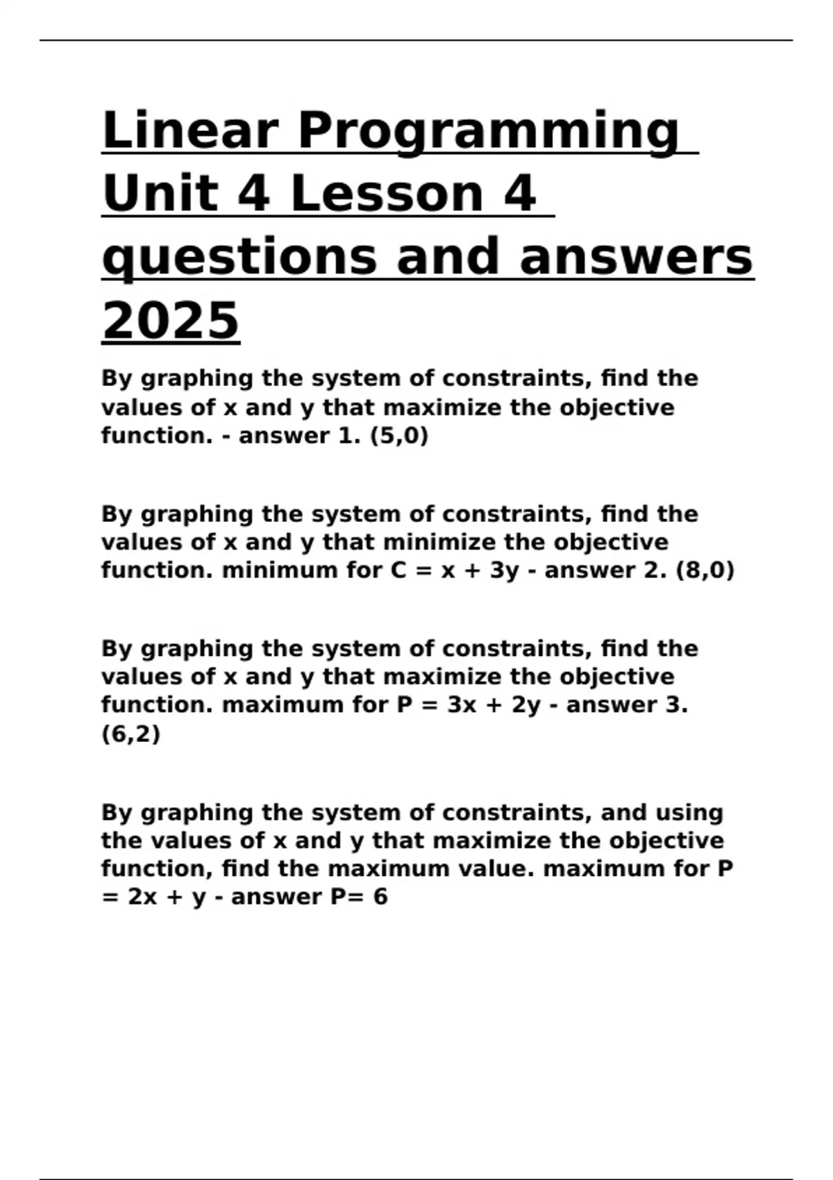 Linear Programming Unit 4 Lesson 4 questions and answers 2025. - ADMN ...