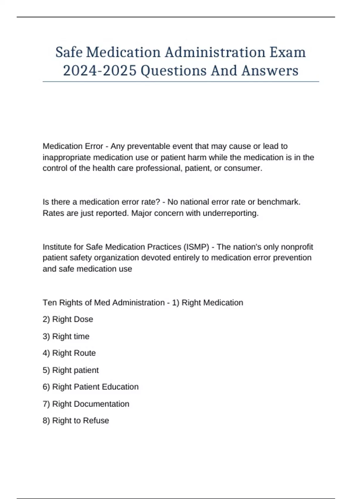 Safe Medication Administration Exam Questions And Answers - Safe ...