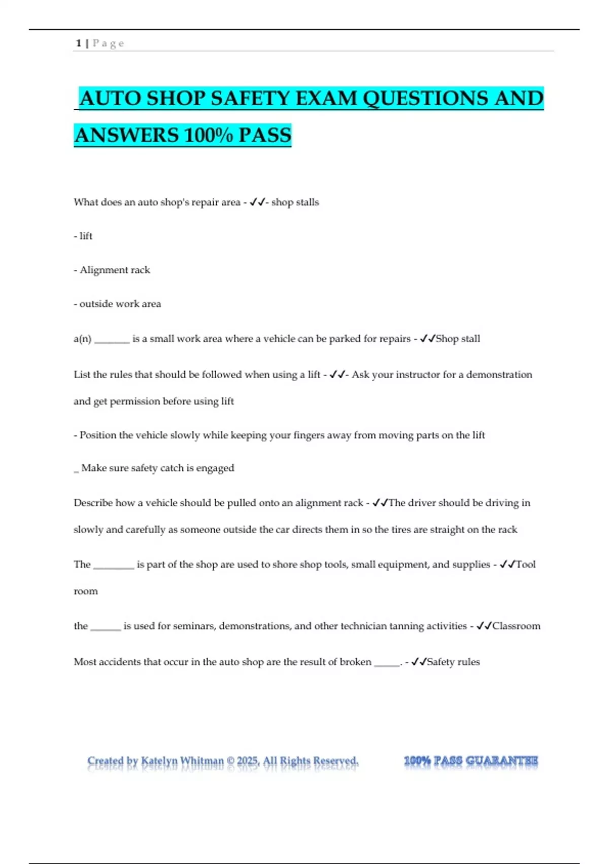 AUTO SHOP SAFETY EXAM QUESTIONS AND ANSWERS 100% PASS - AUT 101-120 ...