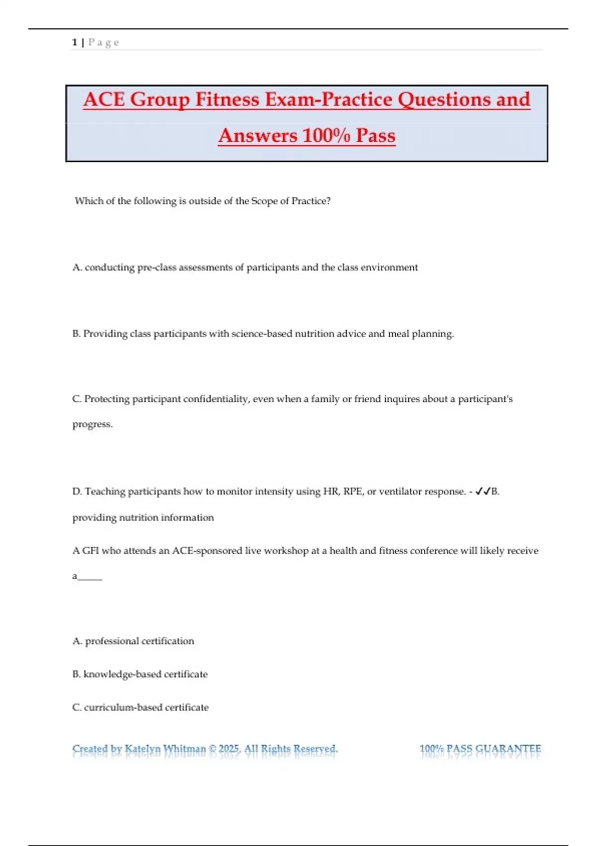 ACE Group Fitness Exam-Practice Questions and Answers 100% Pass - ACE ...