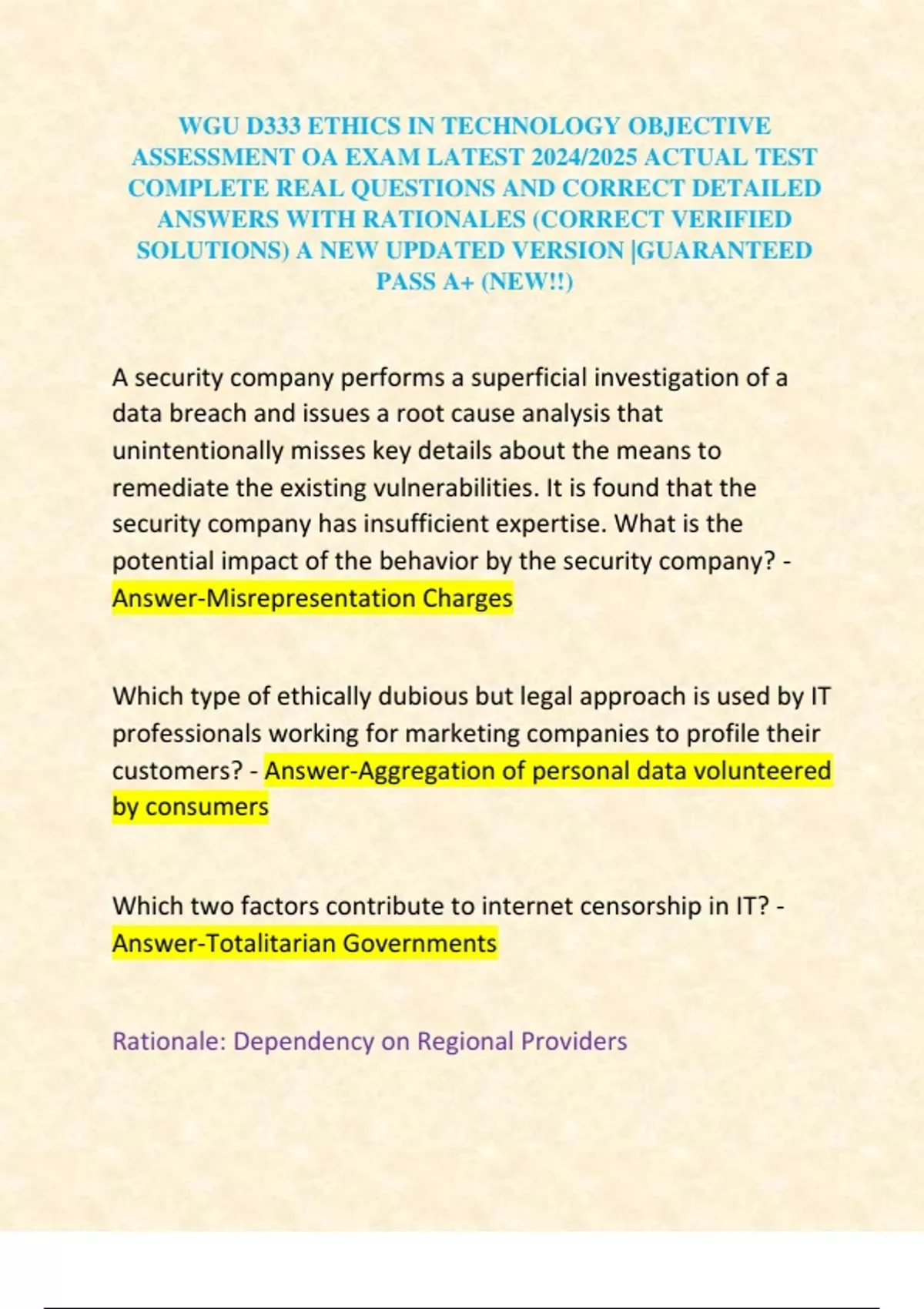 WGU D333 ETHICS IN TECHNOLOGY OBJECTIVE ASSESSMENT OA EXAM LATEST 2024/ ...