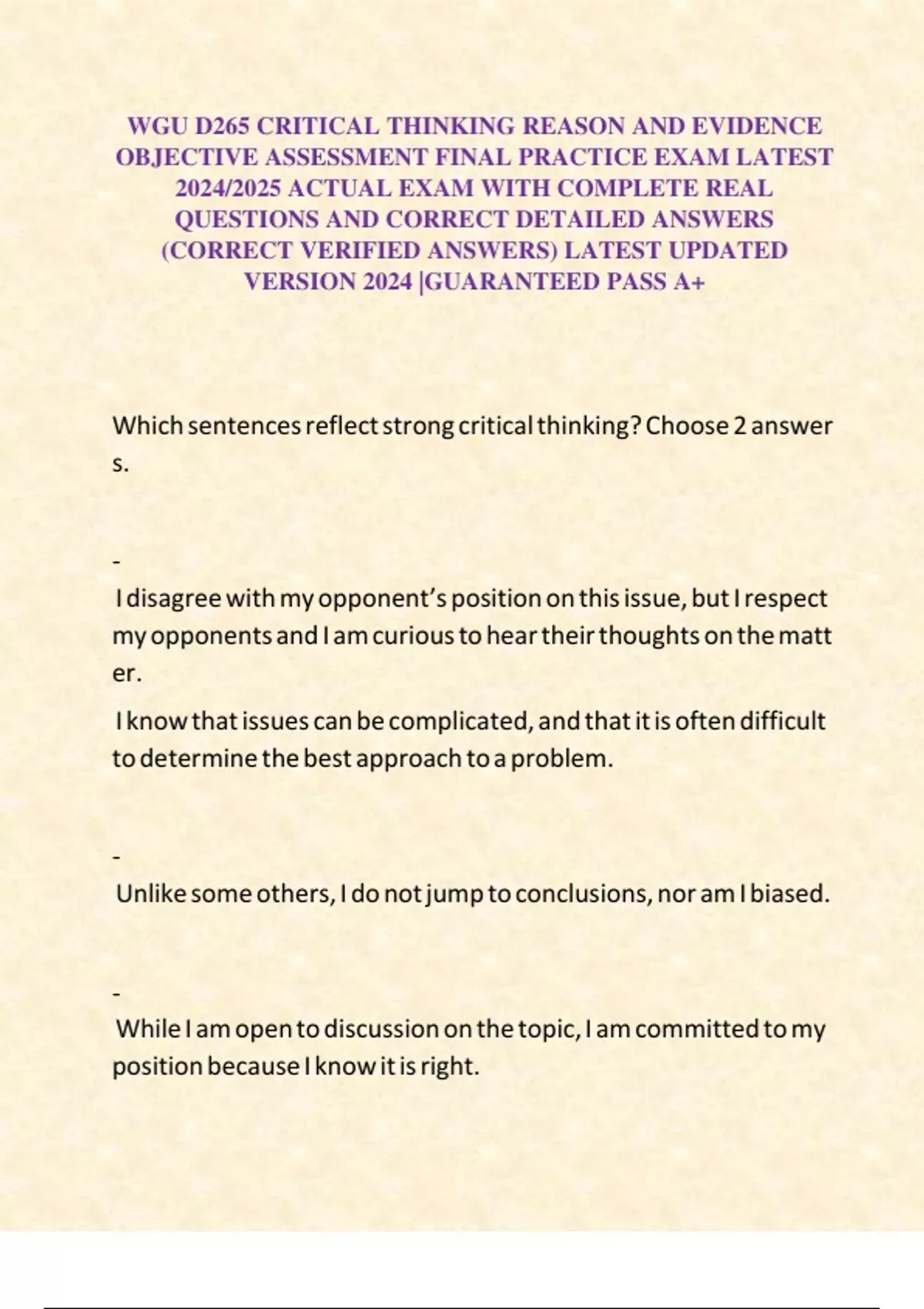 WGU D265 CRITICAL THINKING REASON AND EVIDENCE OBJECTIVE ASSESSMENT ...