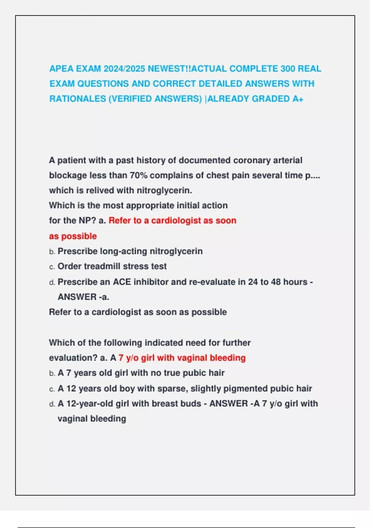 APEA EXAM 2024/2025 NEWEST!!ACTUAL COMPLETE 300 REAL EXAM QUESTIONS AND ...